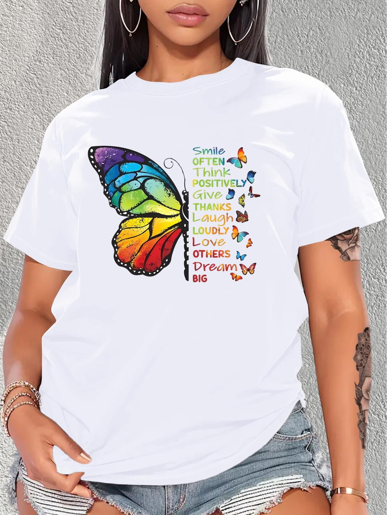 Chic Butterfly & Letter Print T-Shirt for Women - Casual Round Neck ...