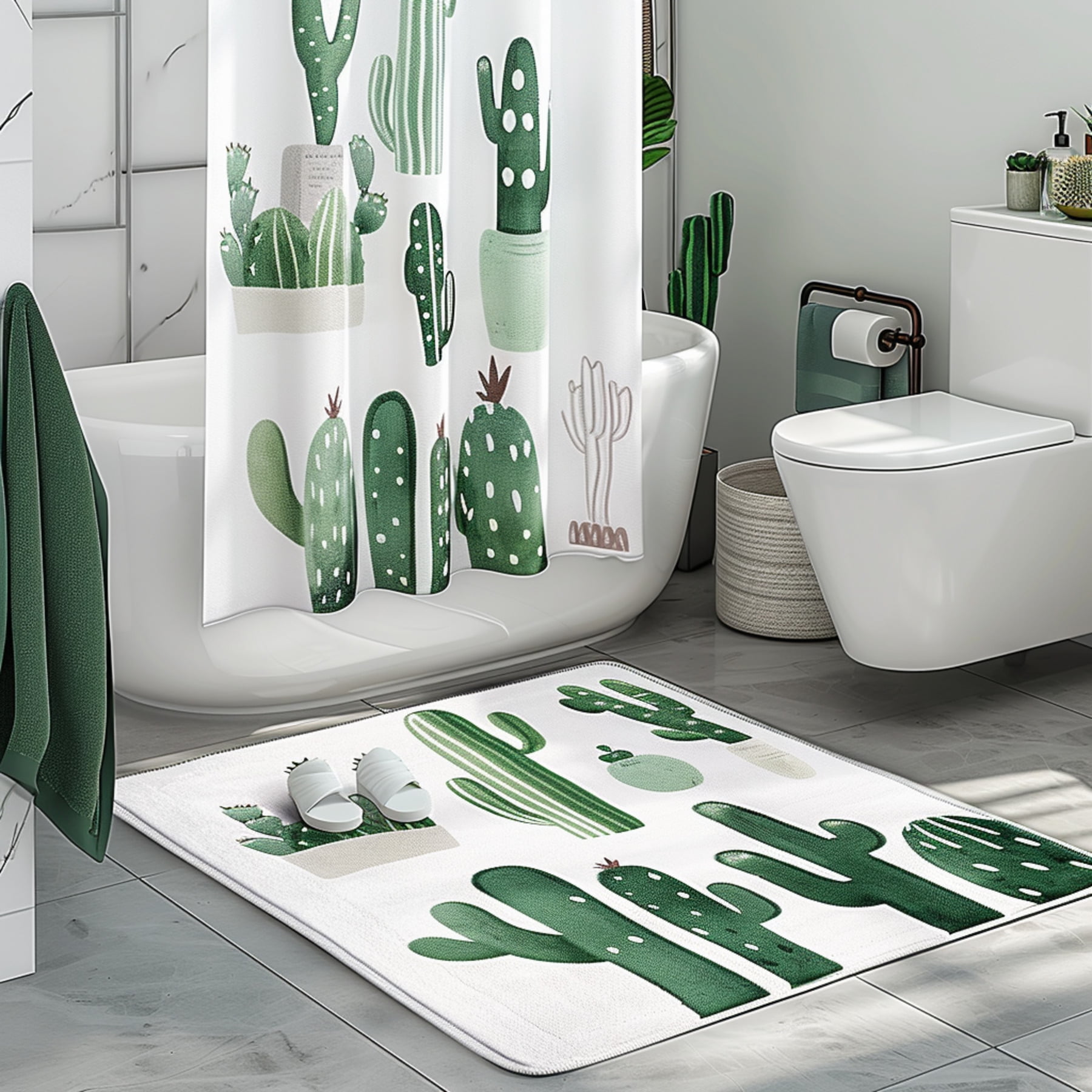 Chic Cactus Bathroom Set White And Green Cacti Theme Decor Retro Cartoon