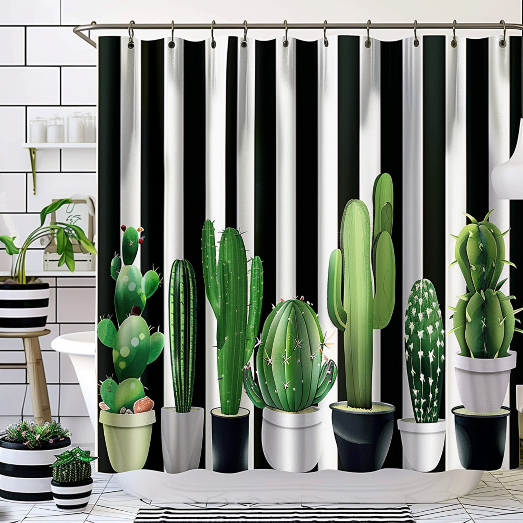 Chic Cactus Shower Curtain With Black And White Stripes Potted Cacti