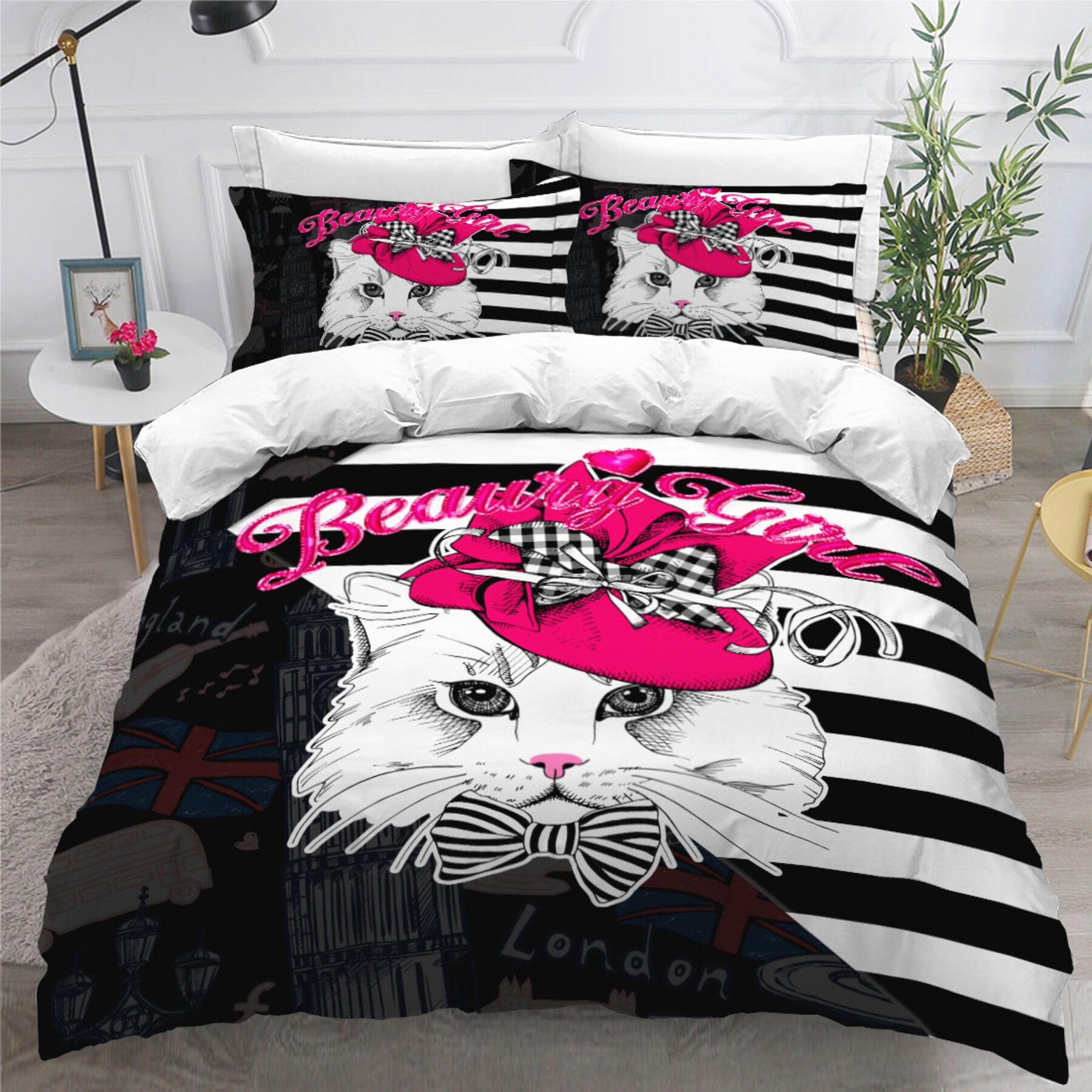 Chic Cat Duvet Cover Set Stylish Feline Design with Pink Hat & London ...