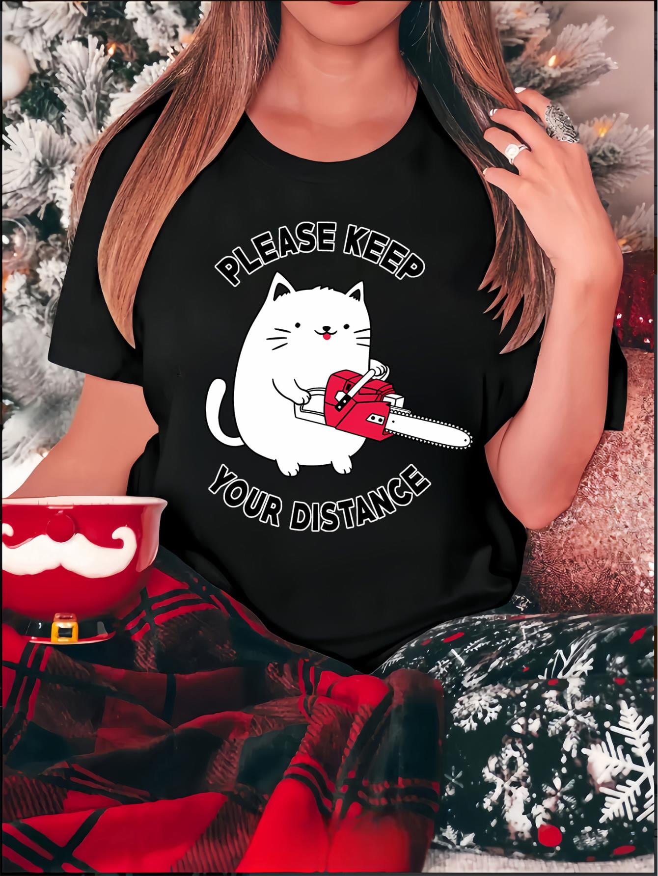 Chic Cat Graphic Tee for Women - Casual Crew Neck Short Sleeve ...