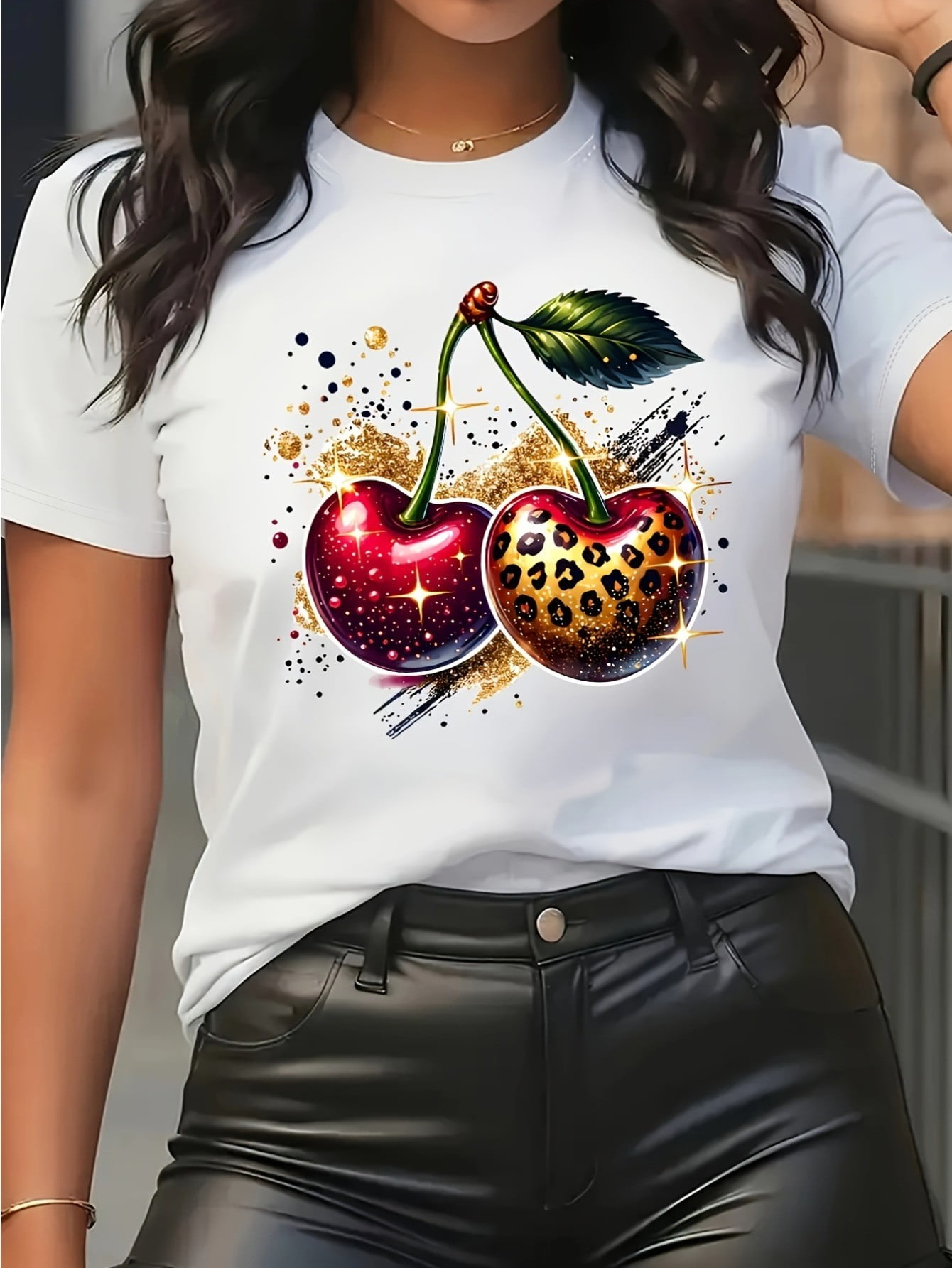 Chic Cherry Leopard Print T-Shirt for Women - Casual Crew Neck, Soft ...