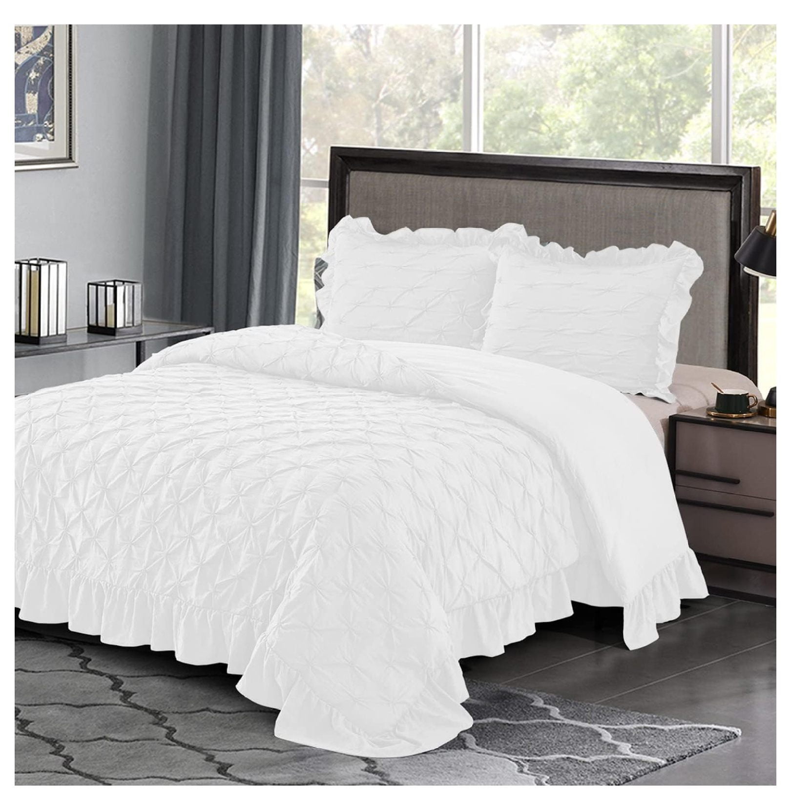 Chic Comforter Set Queen White Lace Ruffled - Pintuck Pinch Pleat ...