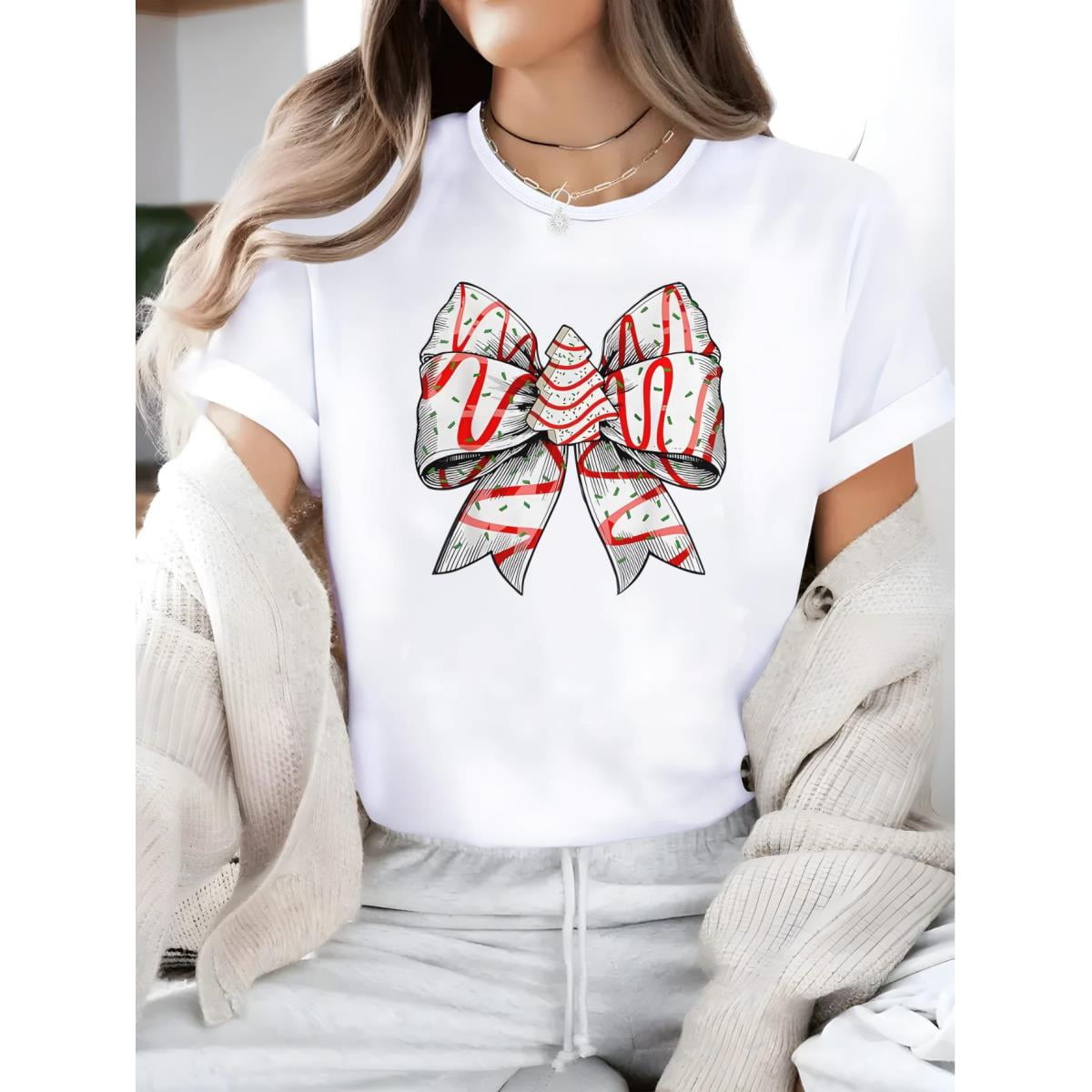 Chic Coquette Bow Christmas Tree Graphic Tee - Casual Crew Neck Short ...