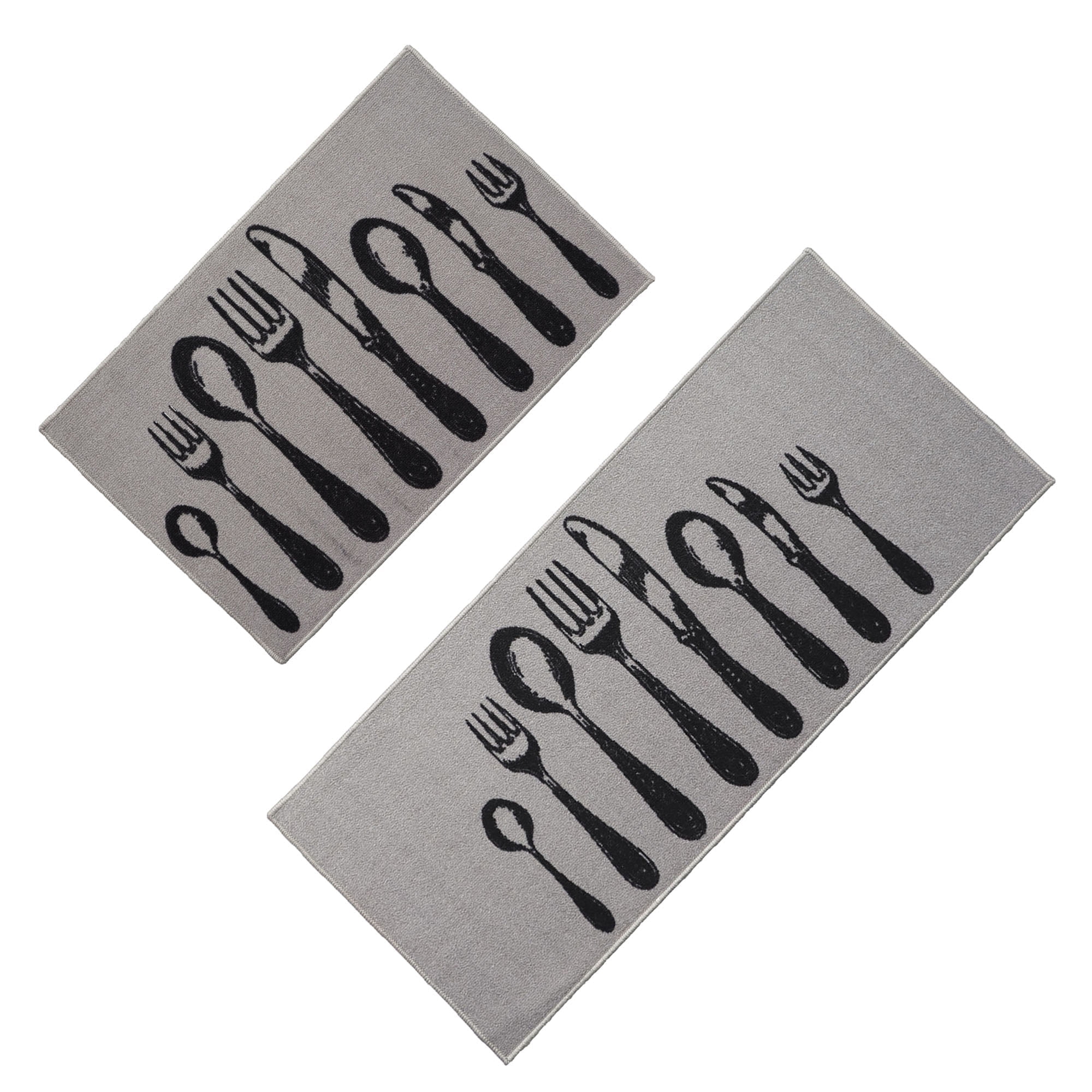 Chic Cutlery Print Gray Wool-Effect Kitchen Mat and Runner Rug Set of 2 ...