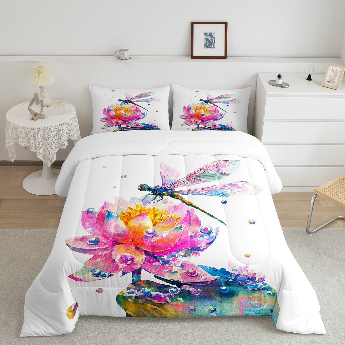 Chic Dragonfly Comforter Set Full Pink Lotus Floral Bedding Set, Girly ...