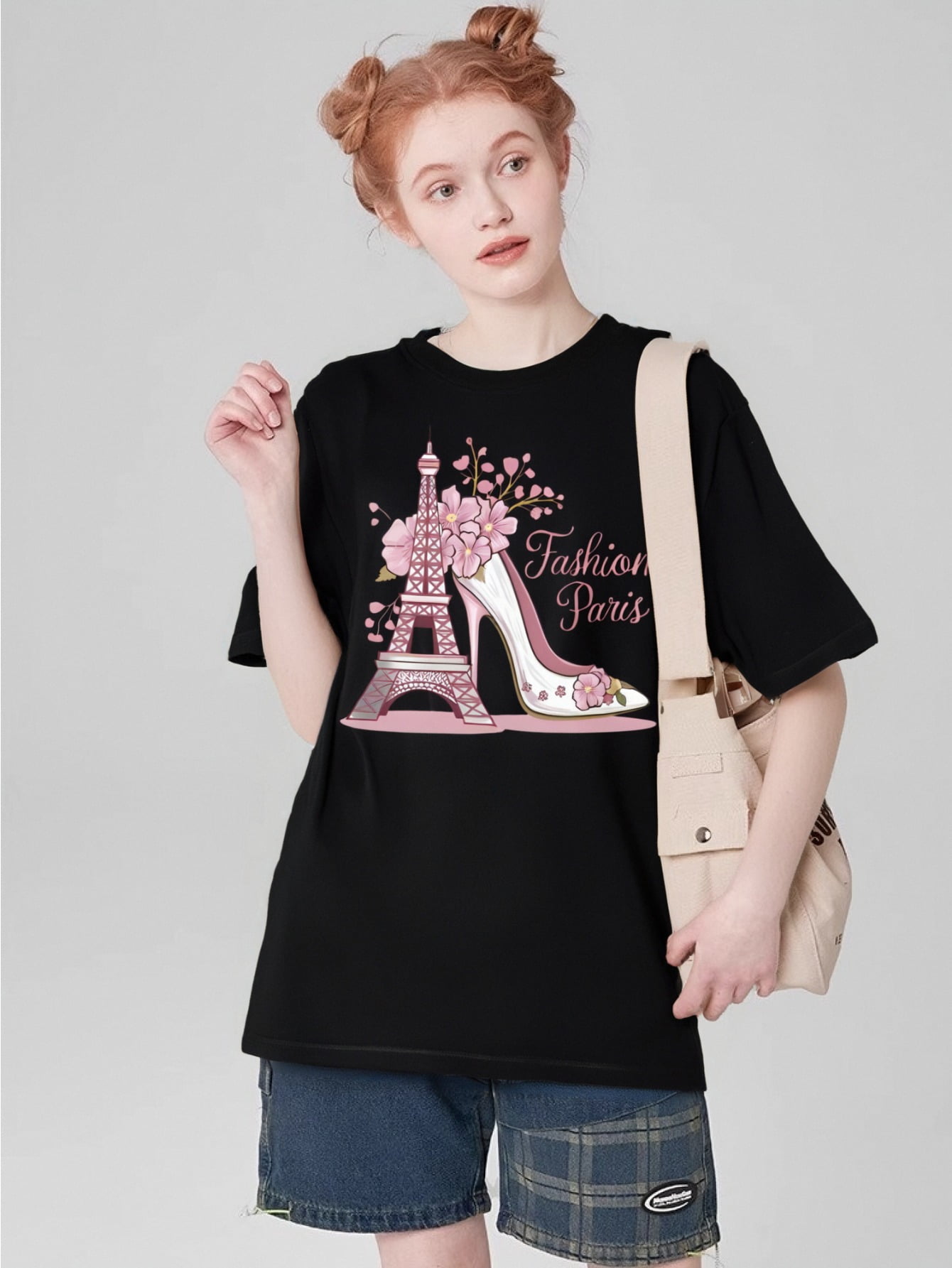 Chic Eiffel Tower & High Heels Graphic Tee for Women - Soft Polyester ...
