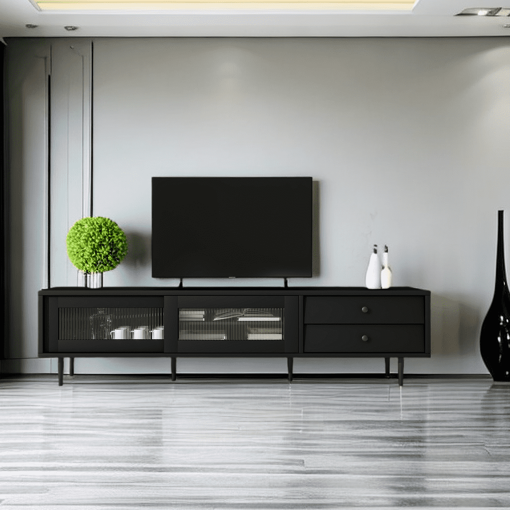 Chic Elegant Design TV Stand with Sliding Fluted Glass Doors, Slanted ...