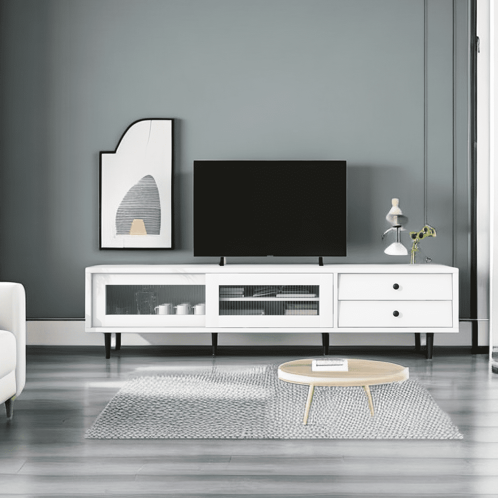 Chic Elegant Design TV Stand with Sliding Fluted Glass Doors, Slanted ...