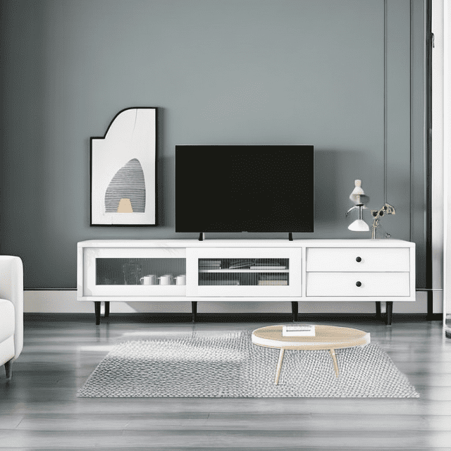 Chic Elegant Design TV Stand with Sliding Fluted Glass Doors, Slanted ...