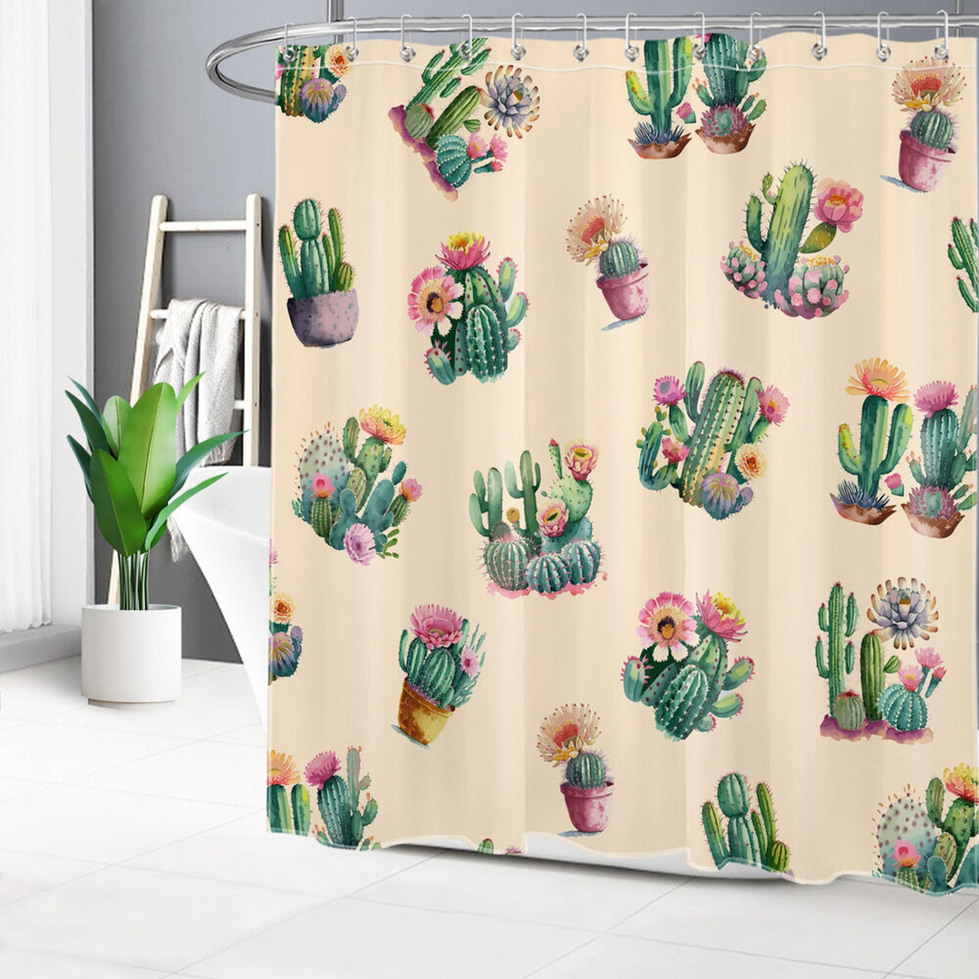Chic Farmhouse Cactus And Floral Shower Curtain In Soft Pink And Beige