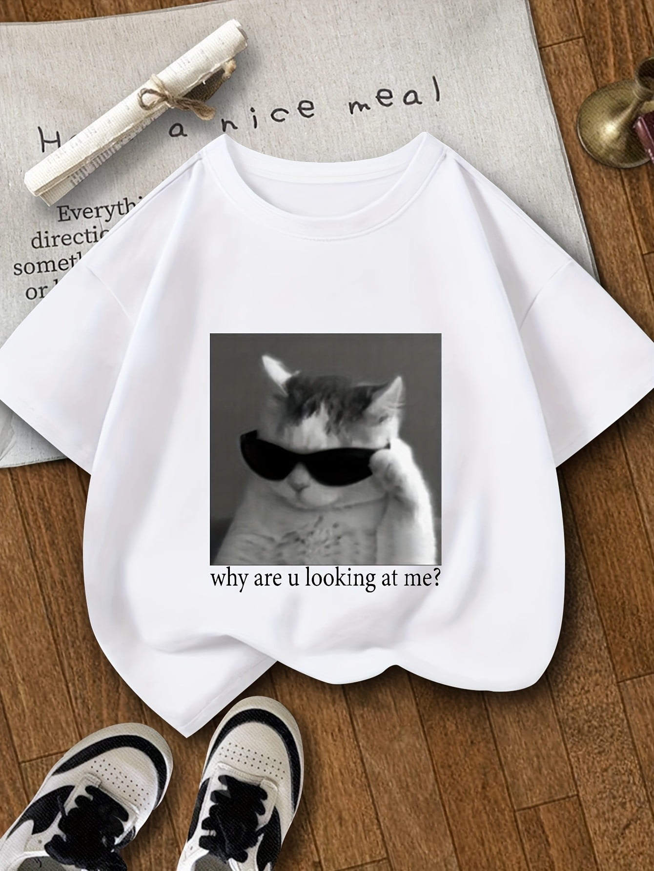 Chic Fashion Glasses Cat Graphic Tee for Girls - Comfy Polyester Blend ...