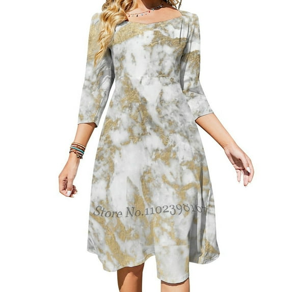 Chic Faux Gold White Stylish Marble Flare Dress Square Neck Dress ...
