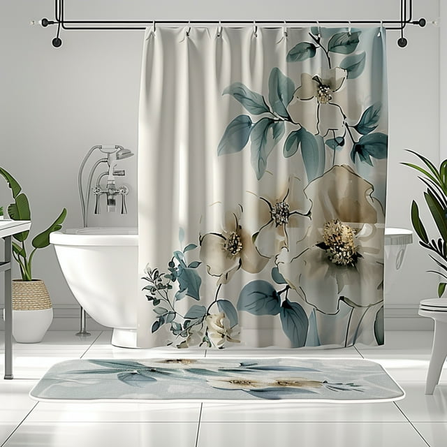 Chic Floral Bathroom Set Elegant Blue And Beige Shower Curtain Matching Grey Modern Lush Plants