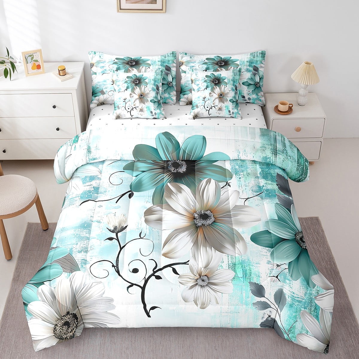 Chic Floral Bedding Comforter Sets 7 Pieces Women Daisy Flower Bed in a ...