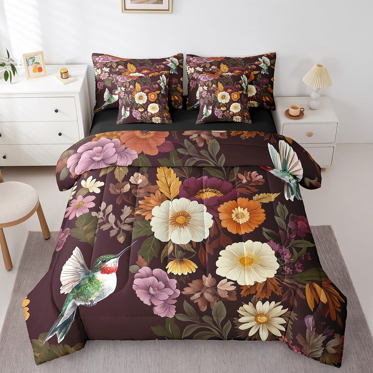 Chic Floral Bedding Queen Size 7 Pieces Teens Adults Hummingbird ...