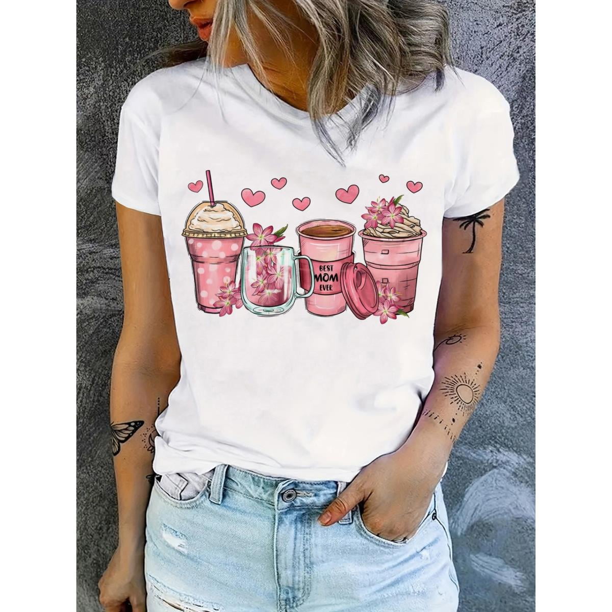 Chic Floral Coffee Cups Love Graphic Tee - Women's Short Sleeve Crew ...