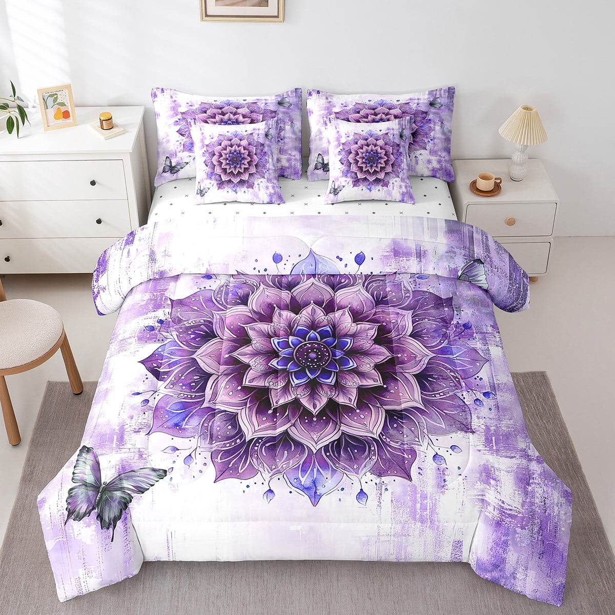 Chic Floral King Comforter Set 7 Pieces for Girls Women Mandala Flower ...