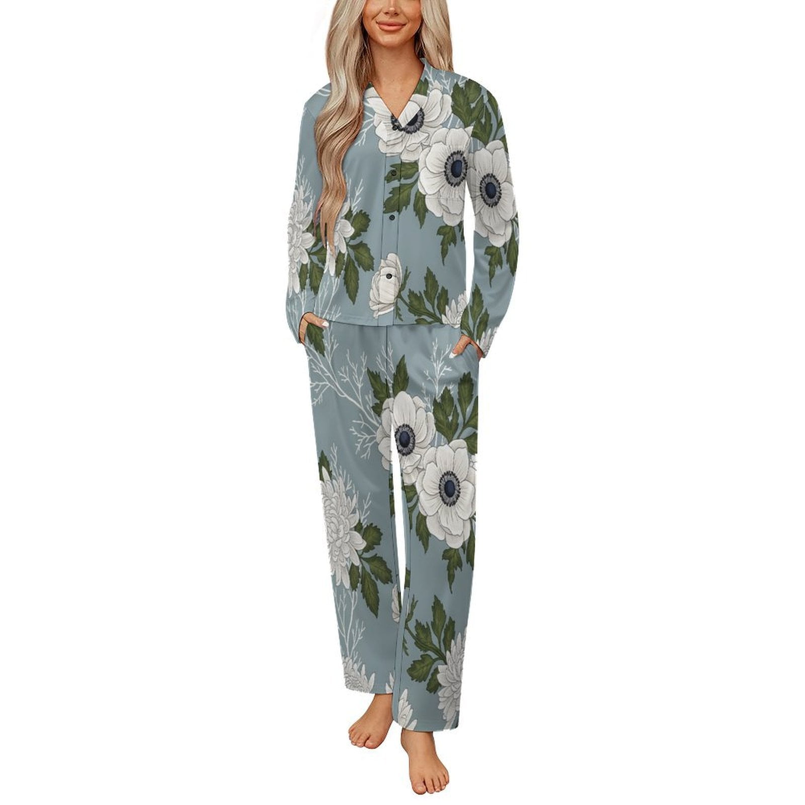 Chic Floral Print Pattern Womens Pyjamas Set Button Up Pyjamas Womens ...