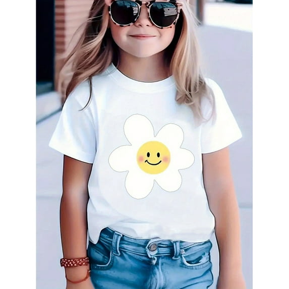 Chic Floral Print T-Shirt for Girls - Vibrant Daisy Design with ...