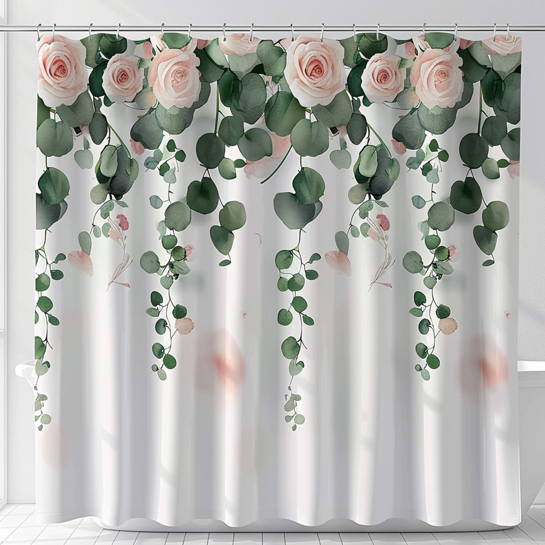 Chic Floral Shower Curtain Eucalyptus And Rose Design Elegant White