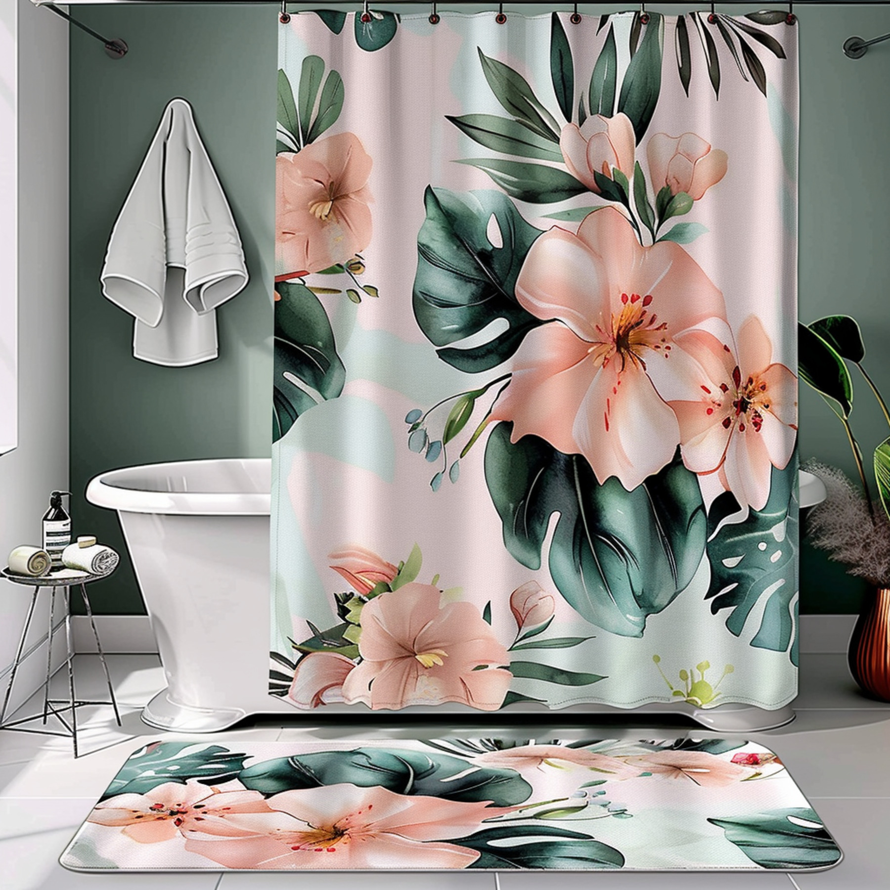 Chic Floral Shower Curtain Set Elegant Watercolor Flowers Pastel Colors