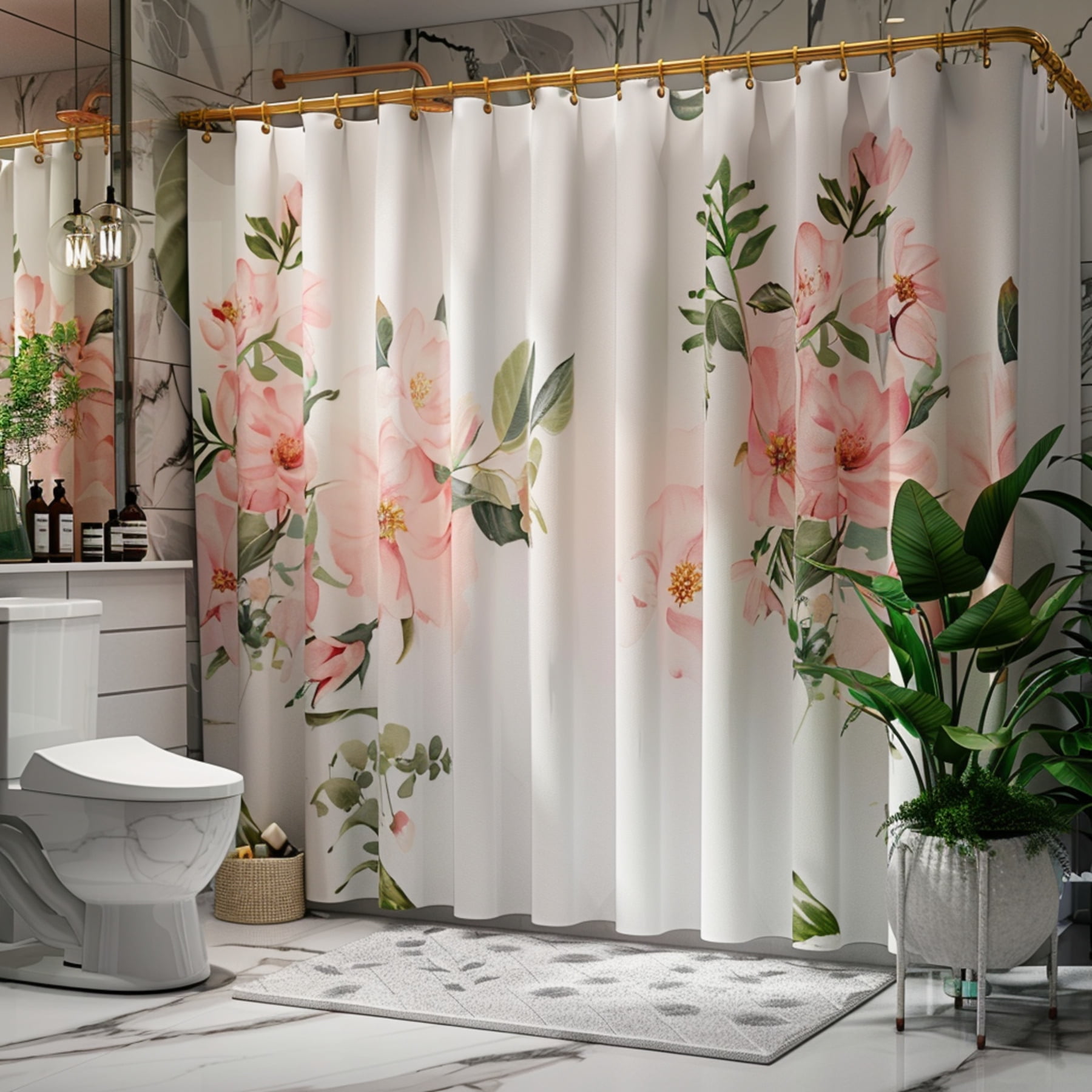 Chic Floral Shower Curtain Set Elegant White And Pink Design Luxe Gold