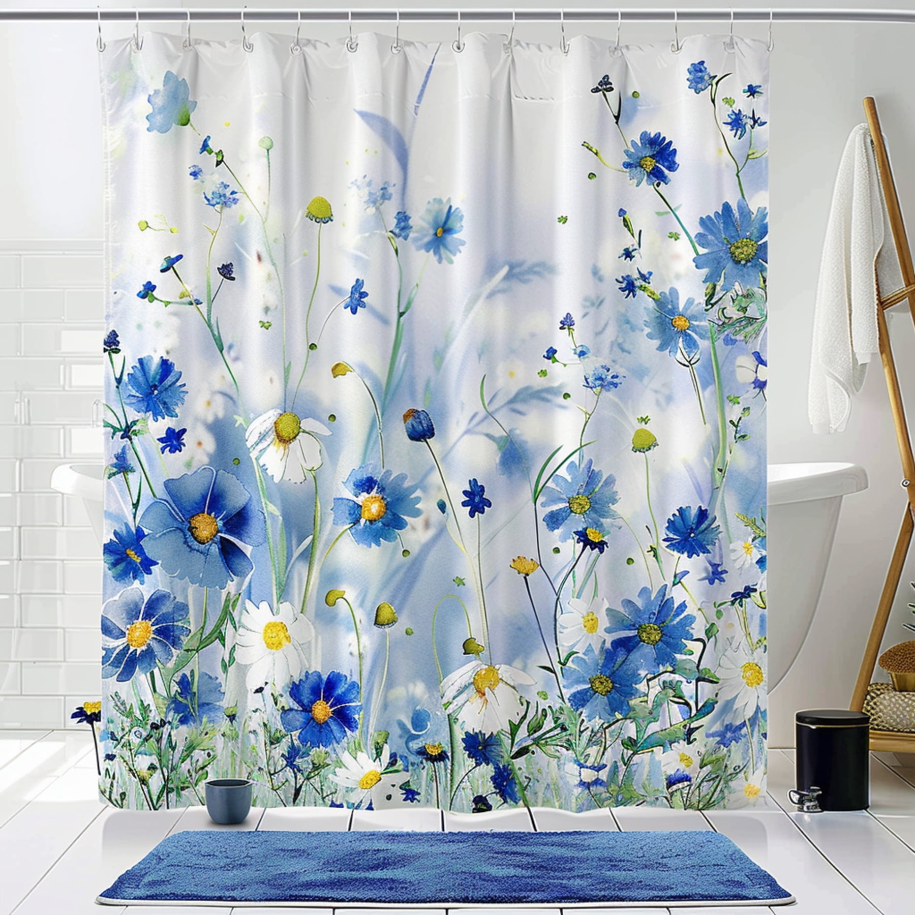 Chic Floral Shower Curtain Set With Watercolor Daisies And Poppy Design