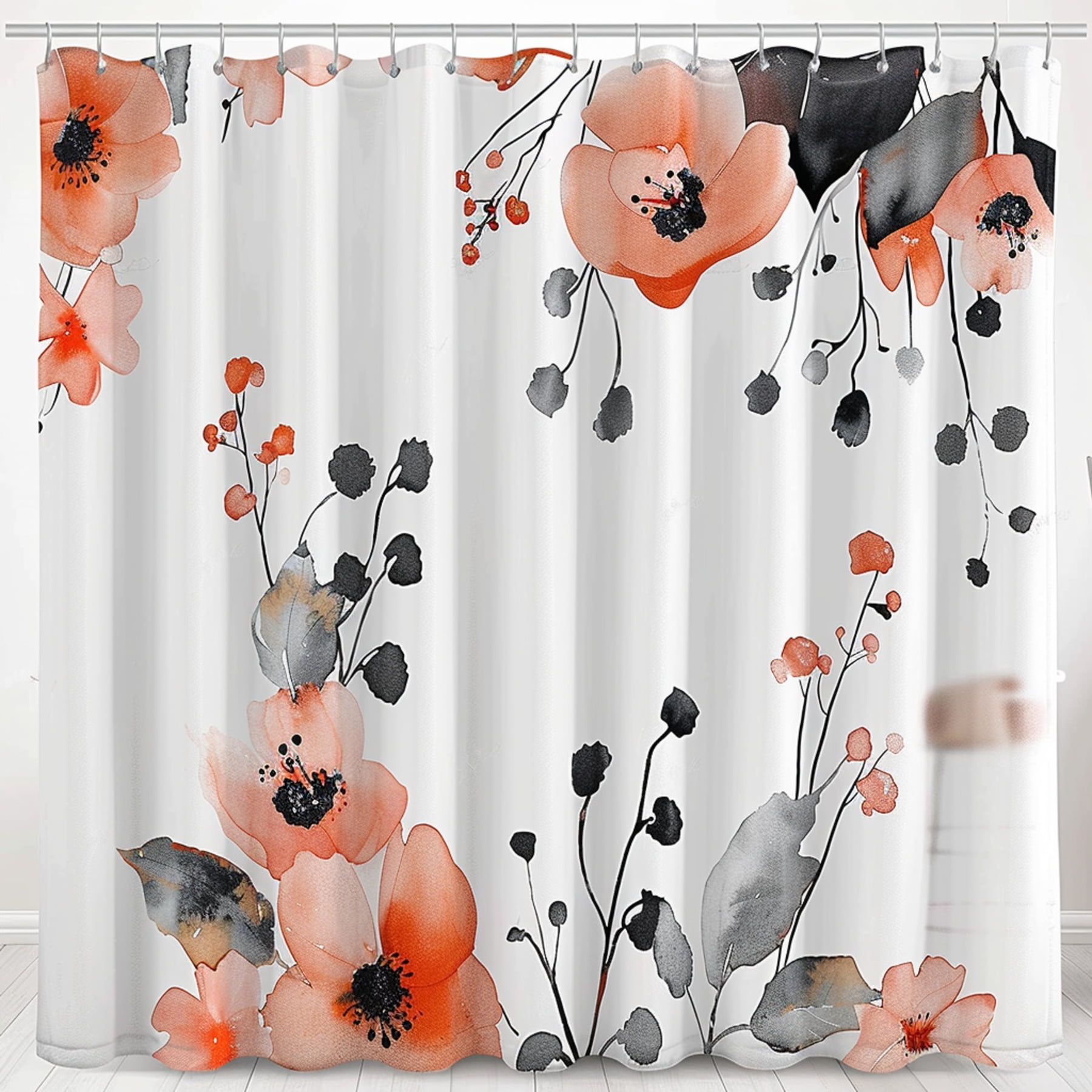 Chic Floral Shower Curtain In Black Gray And Coral Red Elegant