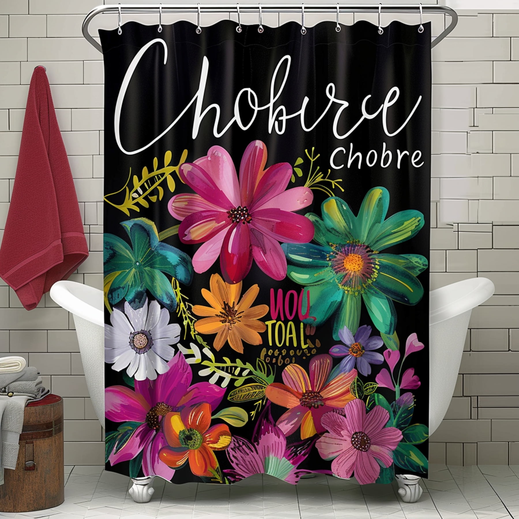 Chic Floral Shower Curtain With Elegant Script Fonts Vibrant Flowers On