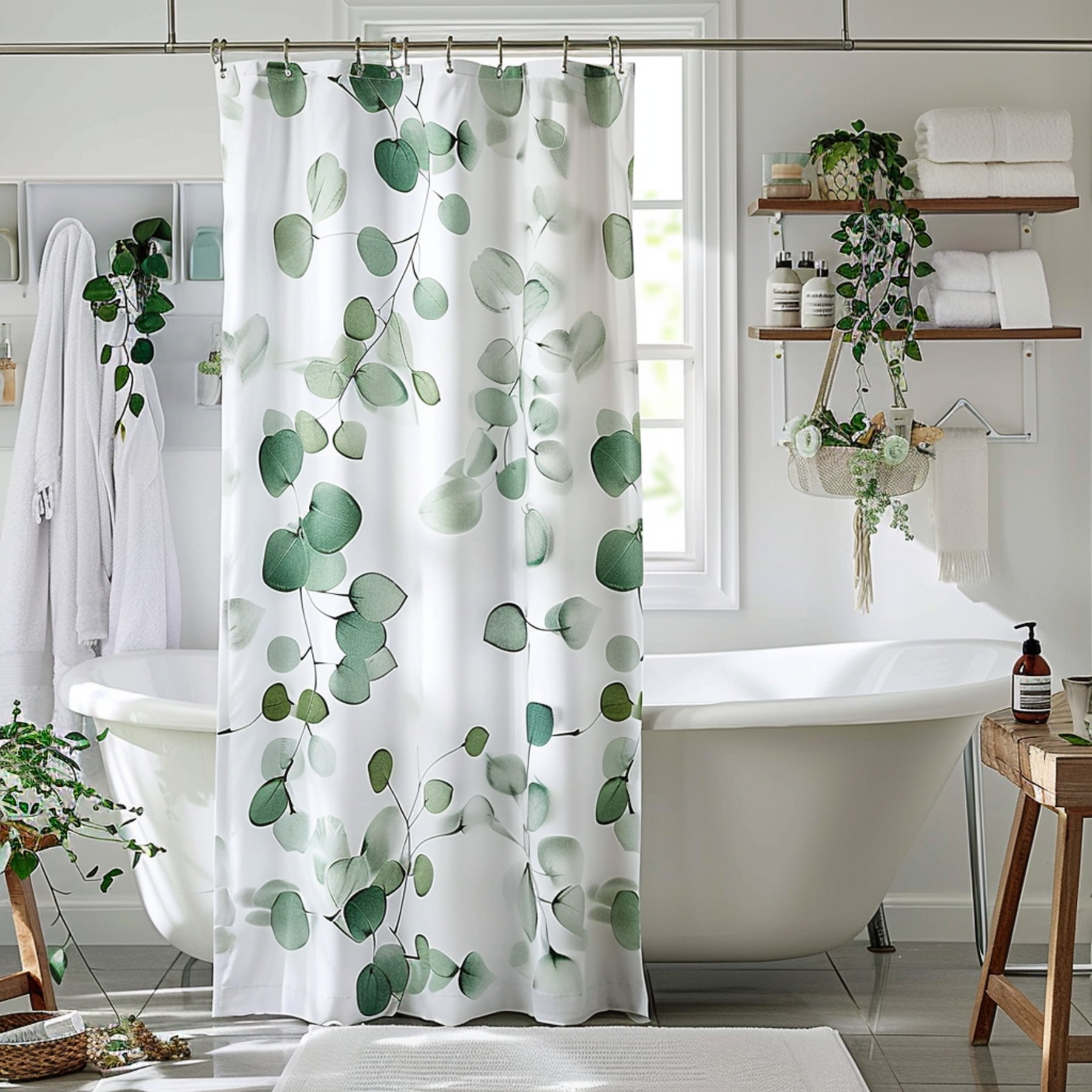 Chic Floral Shower Curtain With Eucalyptus Design For Modern Bathroom