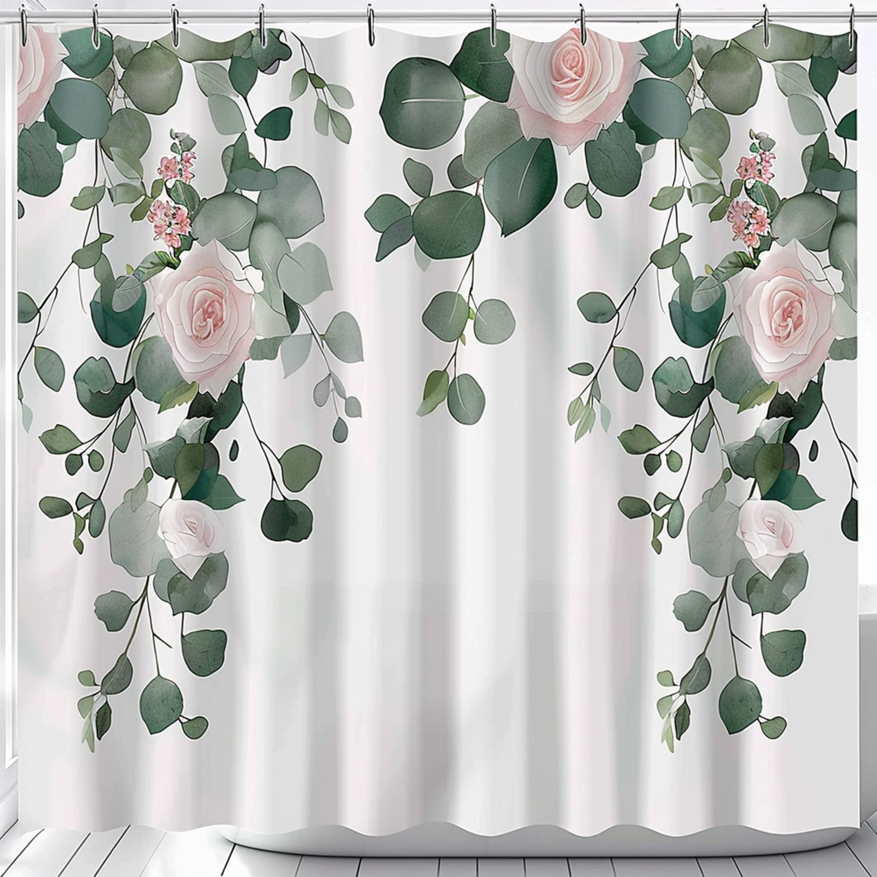Chic Floral Shower Curtain With Eucalyptus And Rose Design White Fabric