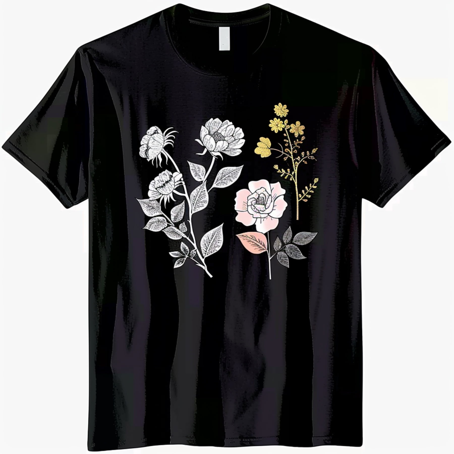 Chic Floral Vector Design on Black Tee Rose Gold Accents Minimalist ...