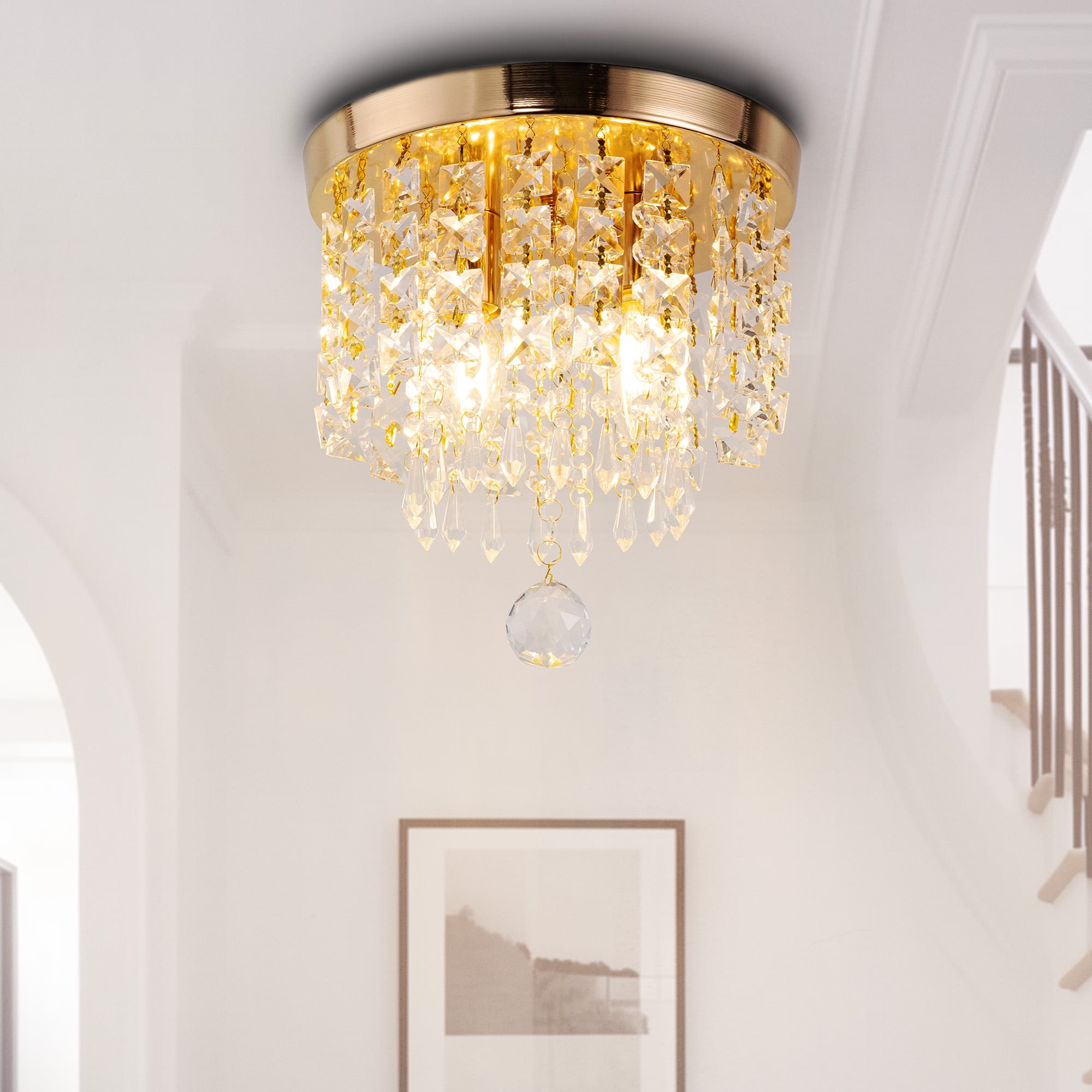Chic Gold Crystal Chandelier - Semi Flush Mount Ceiling Light Fixture ...