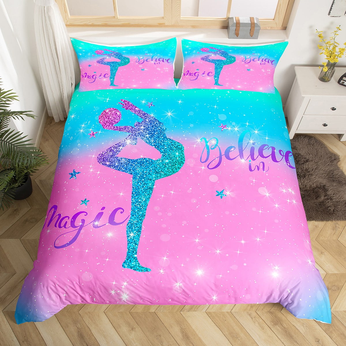 Chic Gymnast Duvet Cover Queen Teal Blue Pink Bedding Set, Gymnastics ...