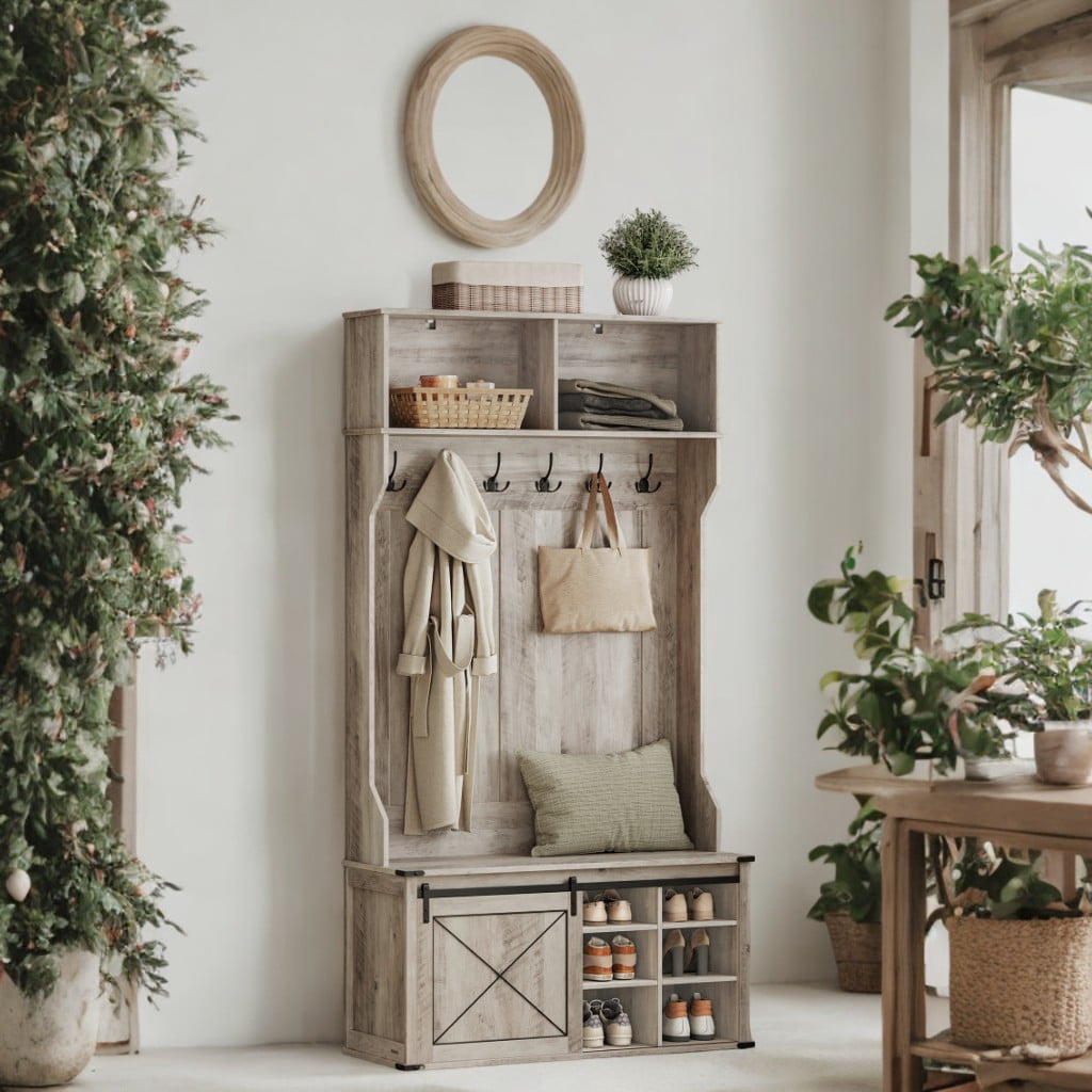 Chic Hall Tree with Bench and Shoe Storage: Coat Rack, Sliding Door, 6 ...