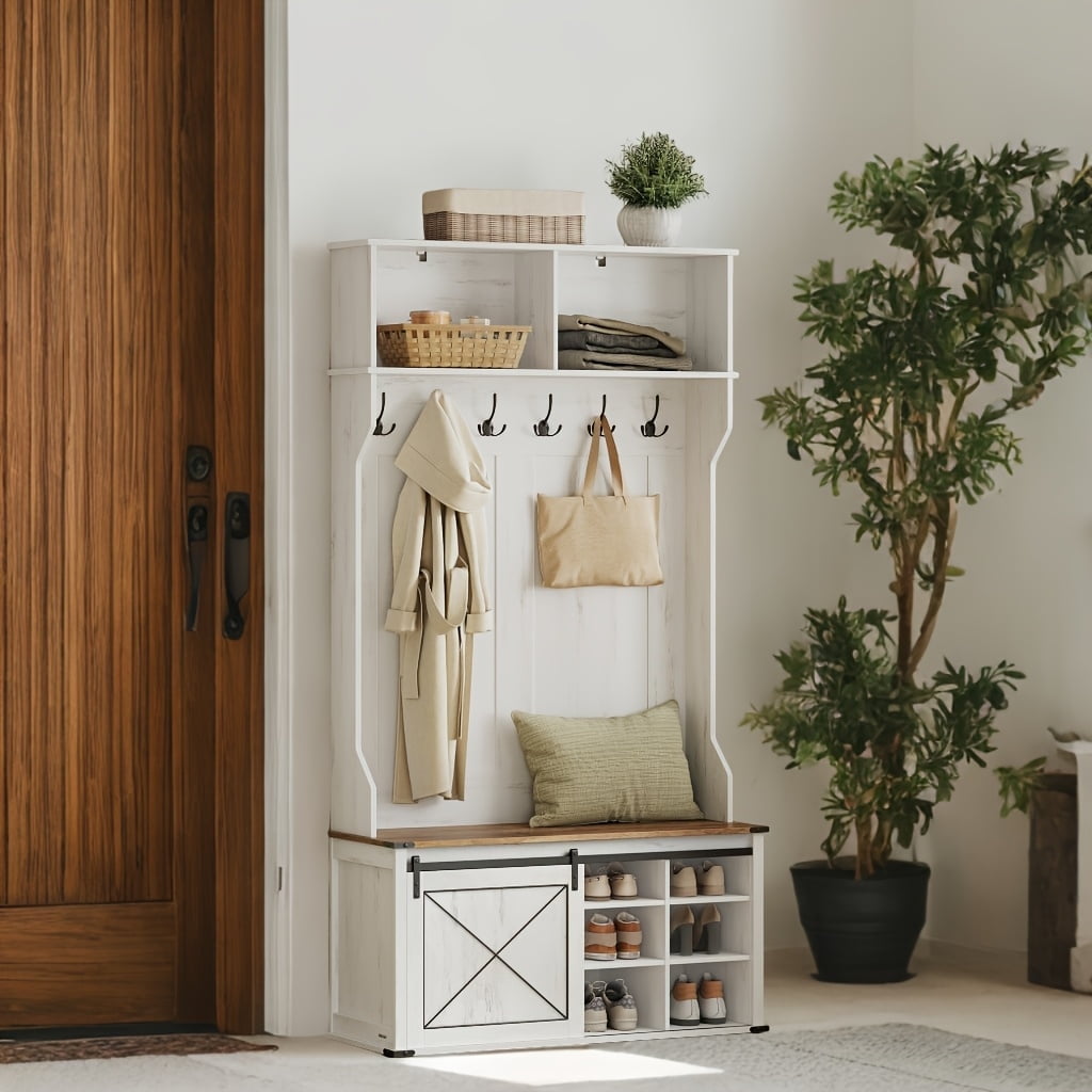 Chic Hall Tree with Bench and Shoe Storage: Coat Rack, Sliding Door, 6 ...
