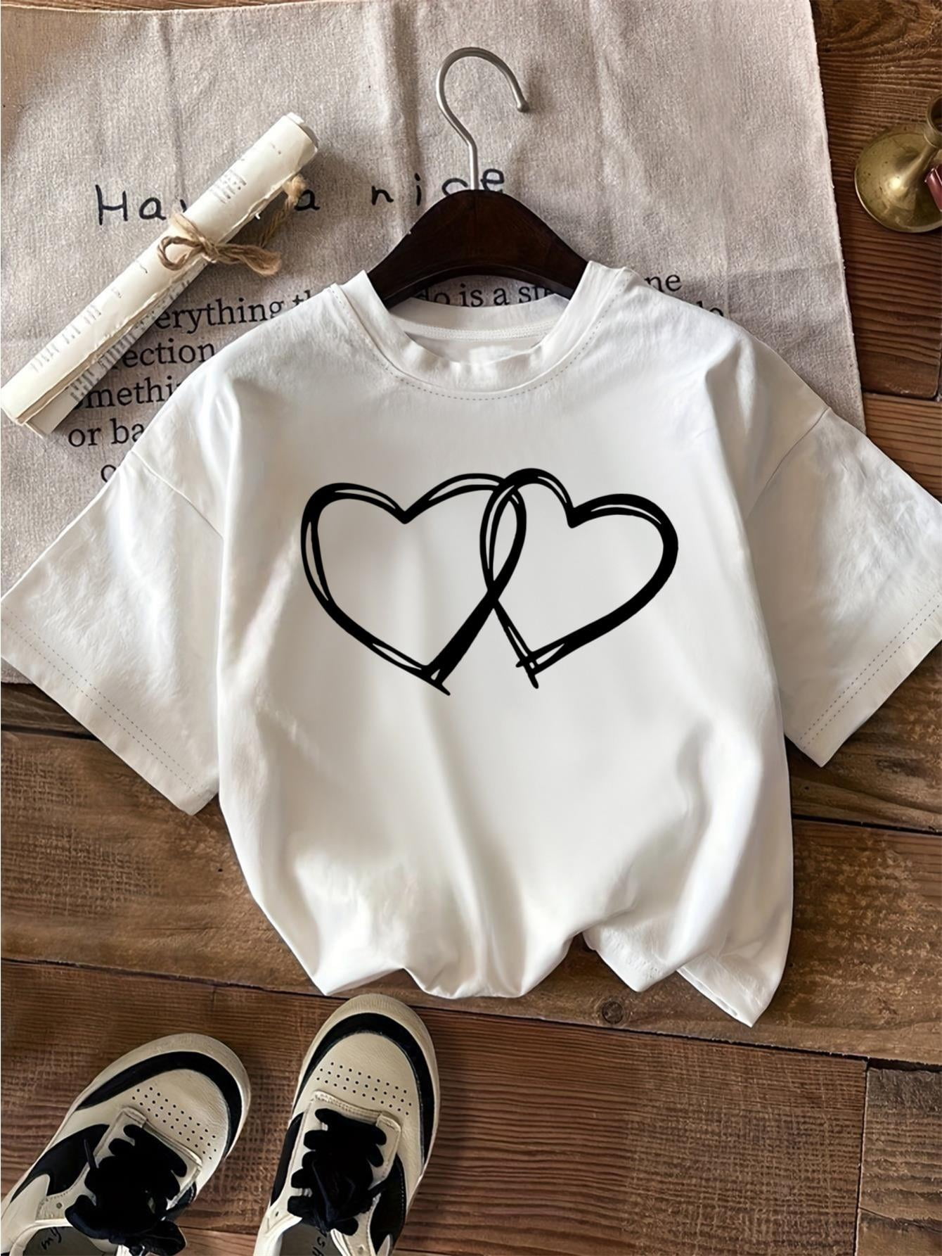 Chic Heart Print Crew Neck T-Shirt for Women - Casual Short Sleeve ...