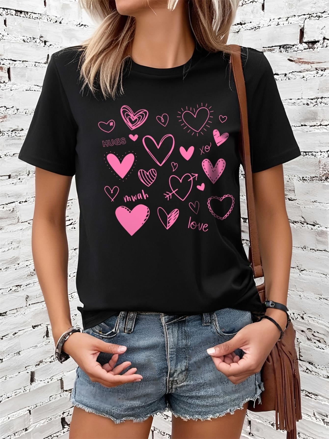 Chic Heart & Slogan Graphic Tee for Women - Soft 100% Cotton, Stretchy ...