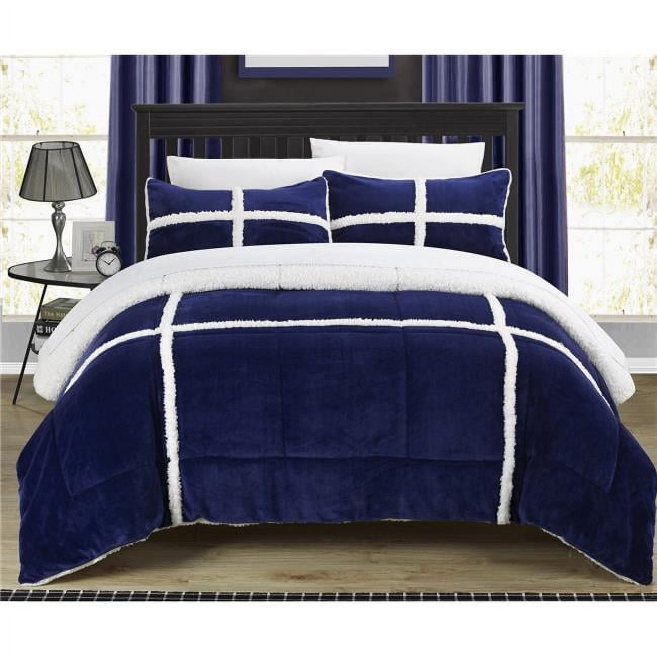 Chic Home 7 Piece Cindy Mink Sherpa Lined Queen Comforter Set, Navy ...