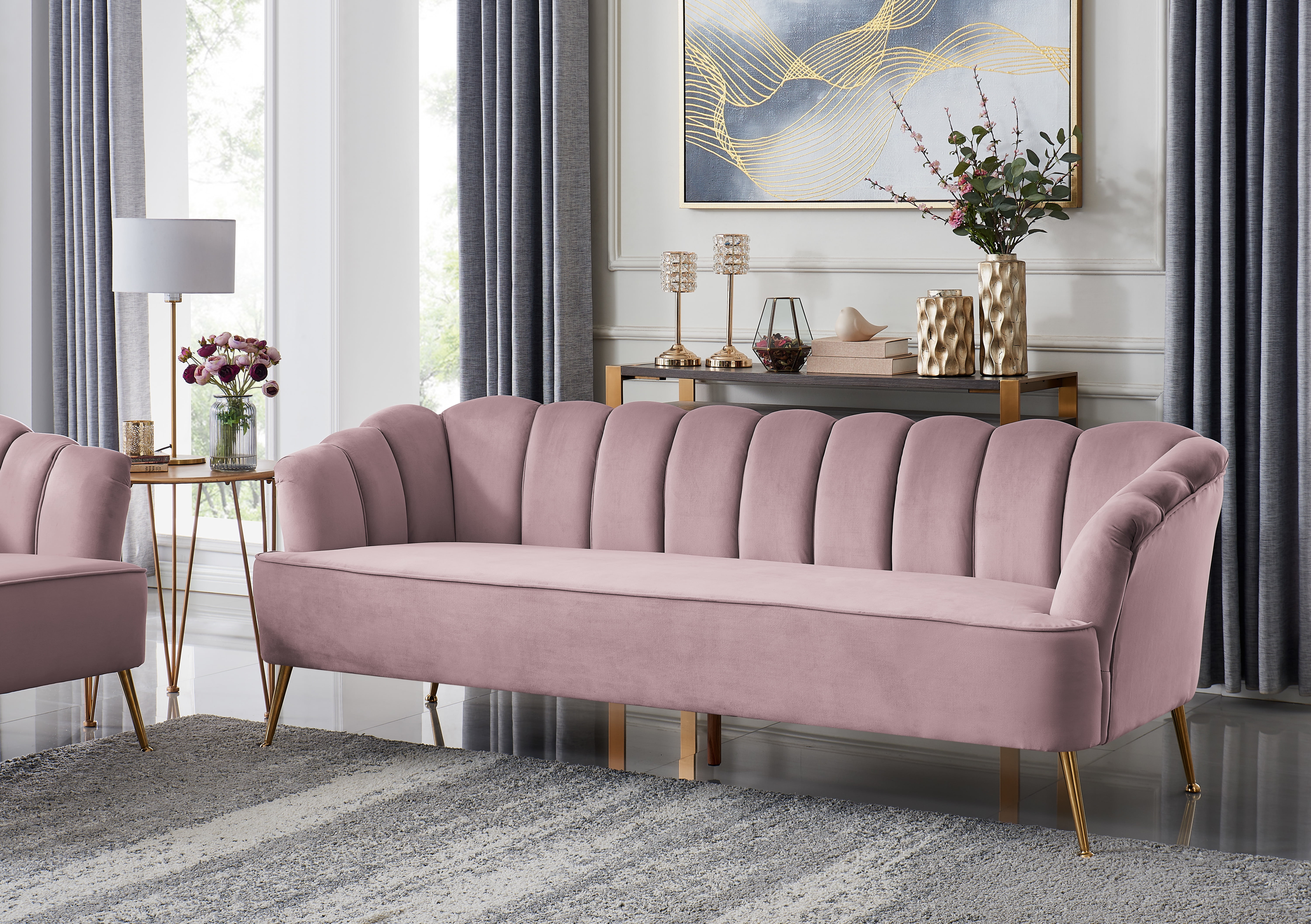 Chic Home Aisha Velvet Upholstered Vertical Channel Tufted Sofa, Blush ...