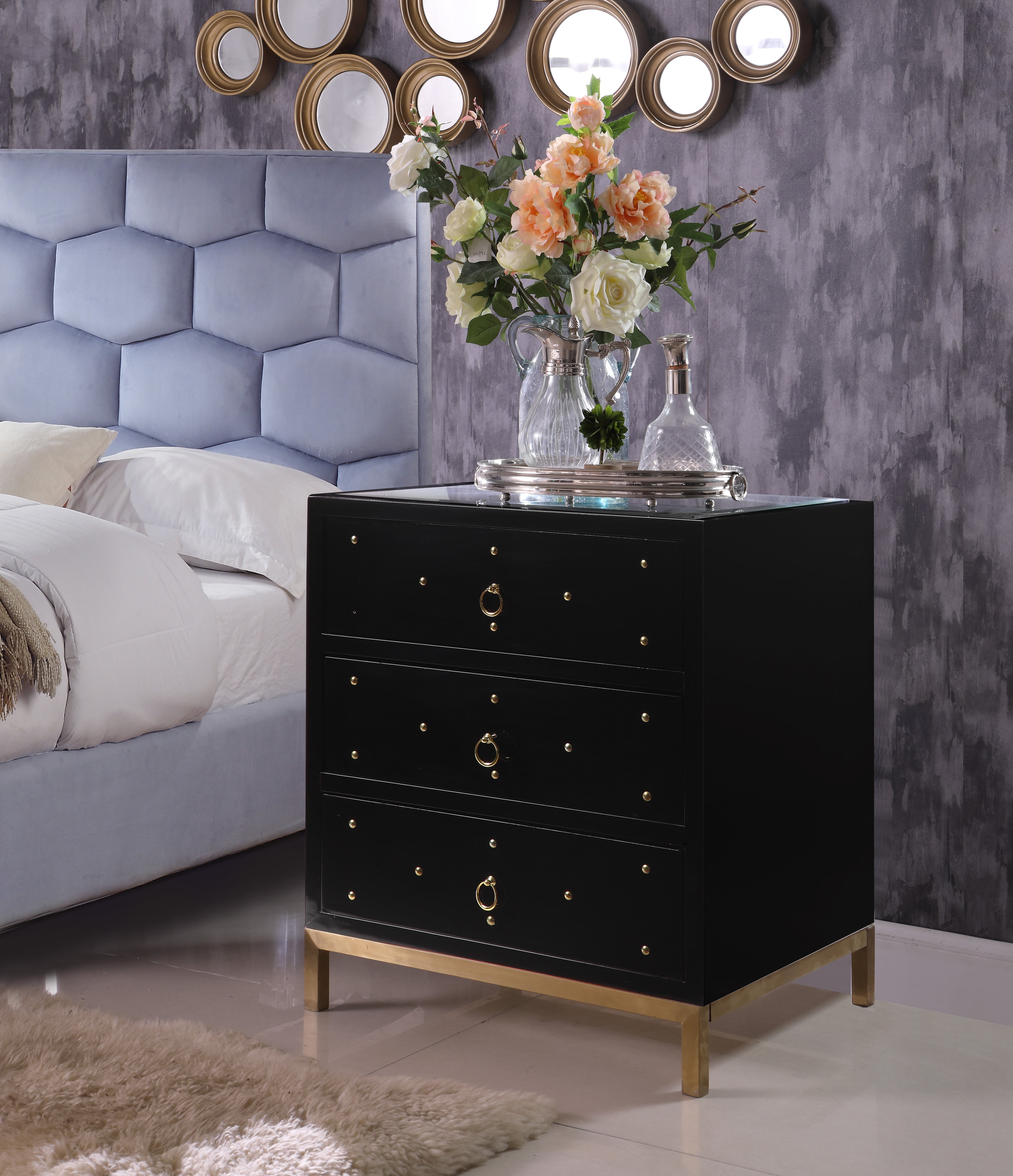 Chic Home Arezzo Nightstand Side Table Mirror Glass Top with 3 Self ...