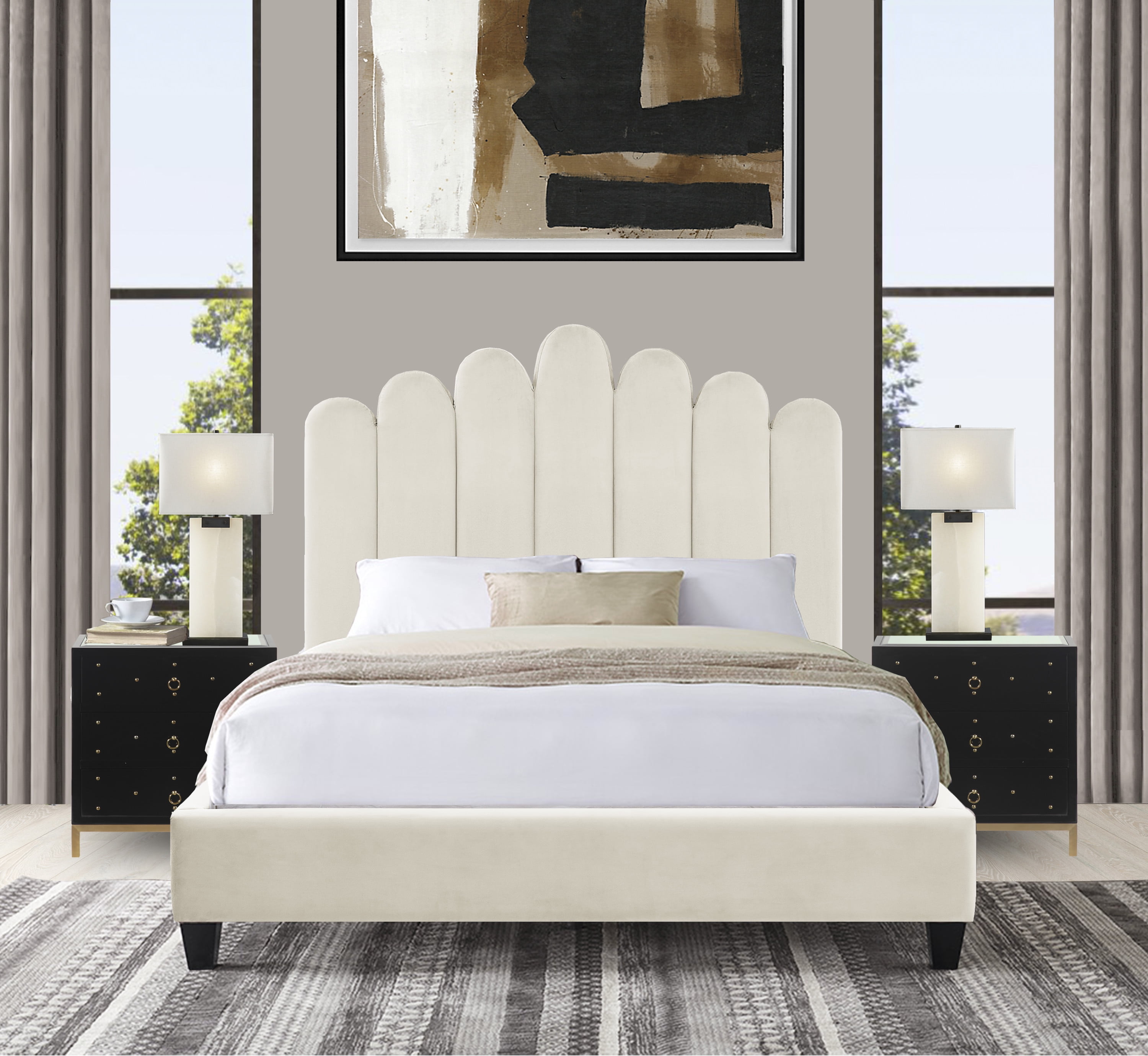 Chic Home Carys Platform Bed Frame with Headboard Velvet Upholstered Vertical Channel Quilted Modern Contemporary Beige King