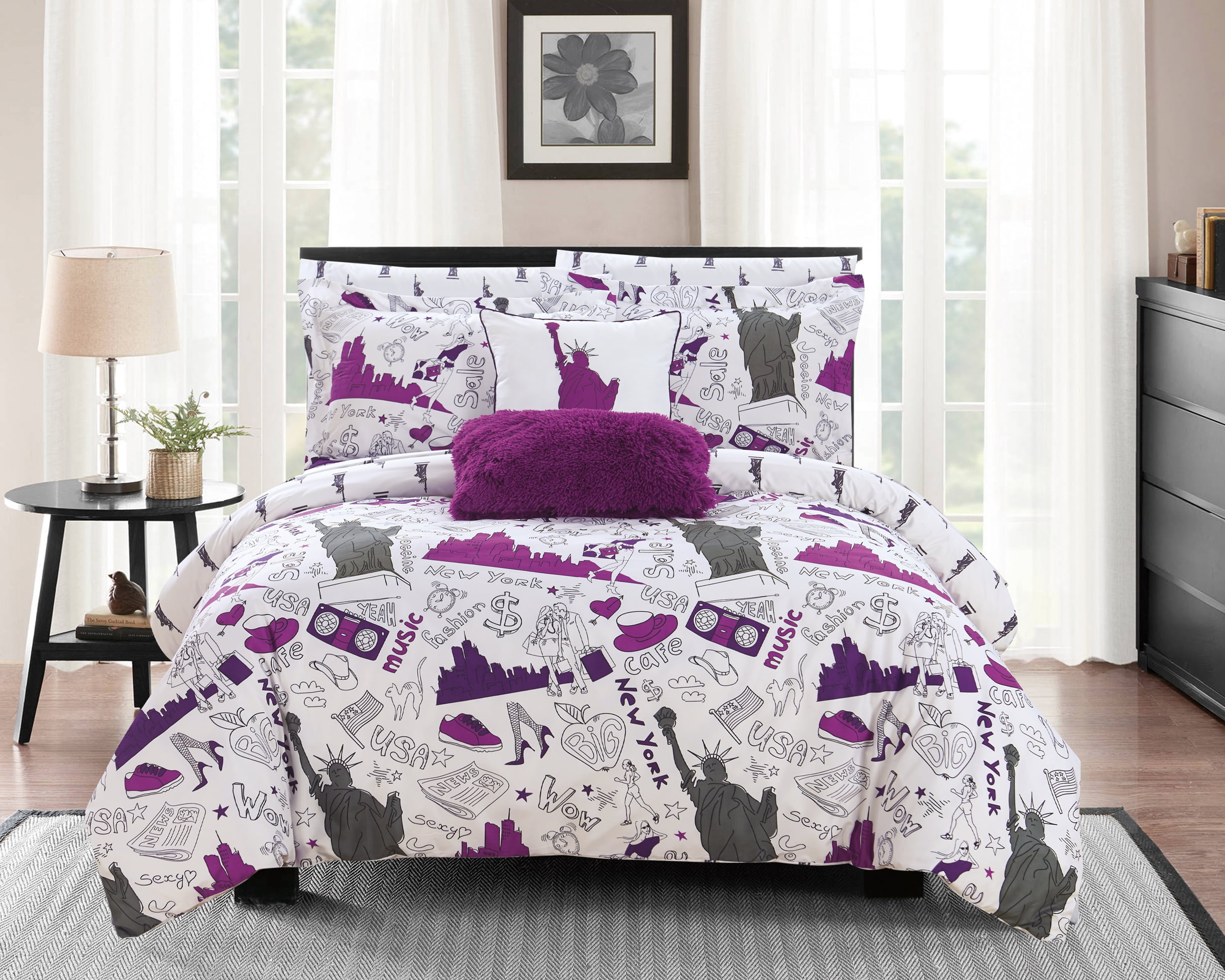 Chic Home Ellis 9-Piece Reversible Graphic Comforter Set, Full, Purple ...