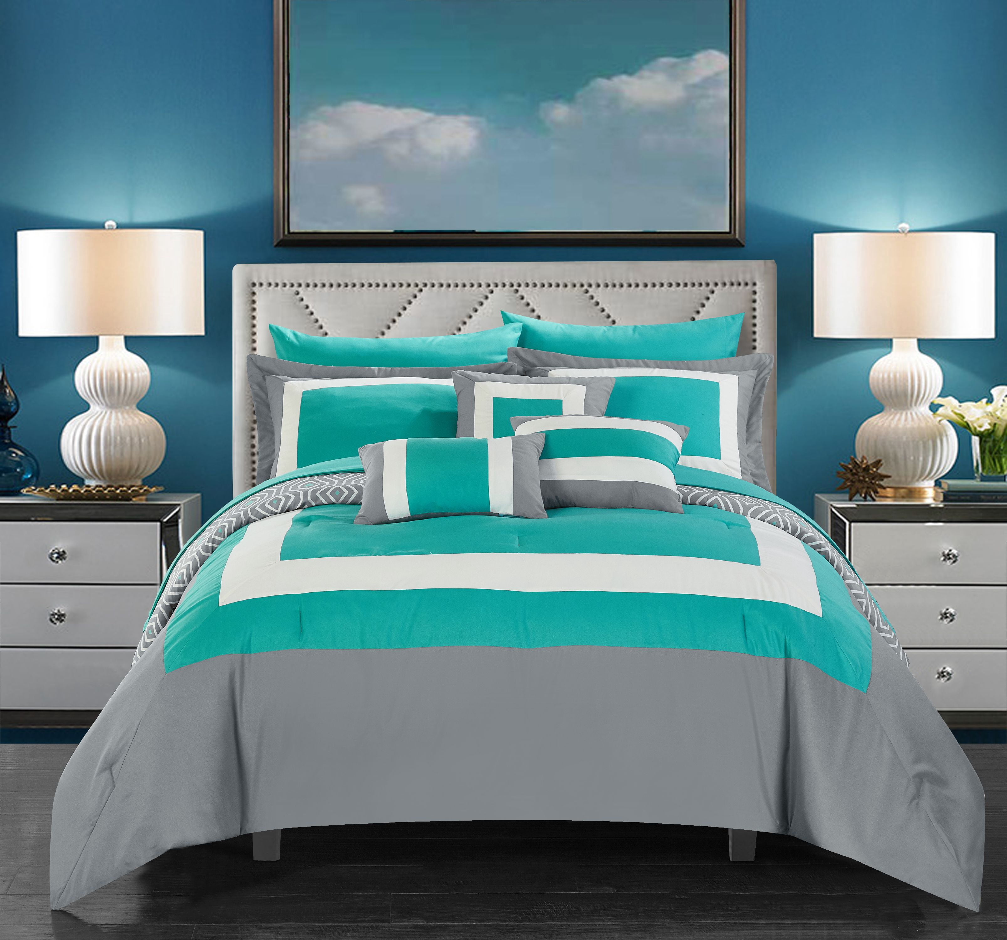 Chic Home Heldin 10-Piece Reversible Solid Color Comforter Set, Queen ...