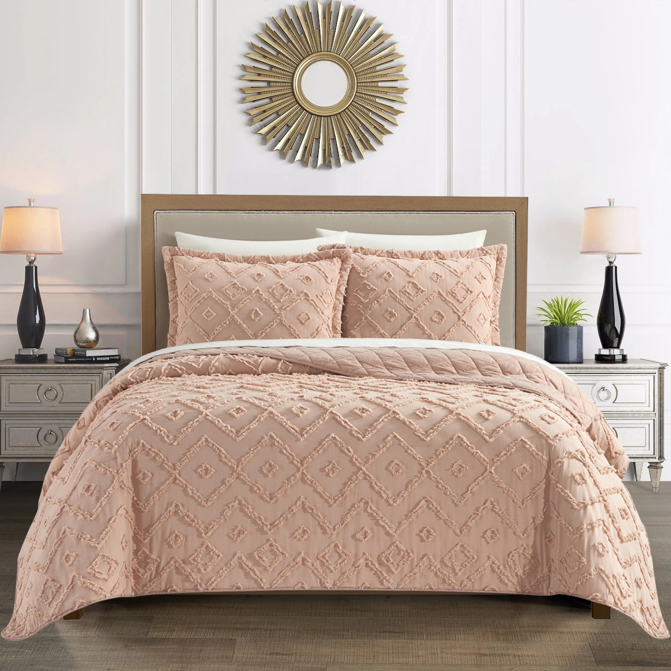 Chic Kade 3-Piece Jacquard Cotton Quilt Set - Dusty Rose - Walmart.com