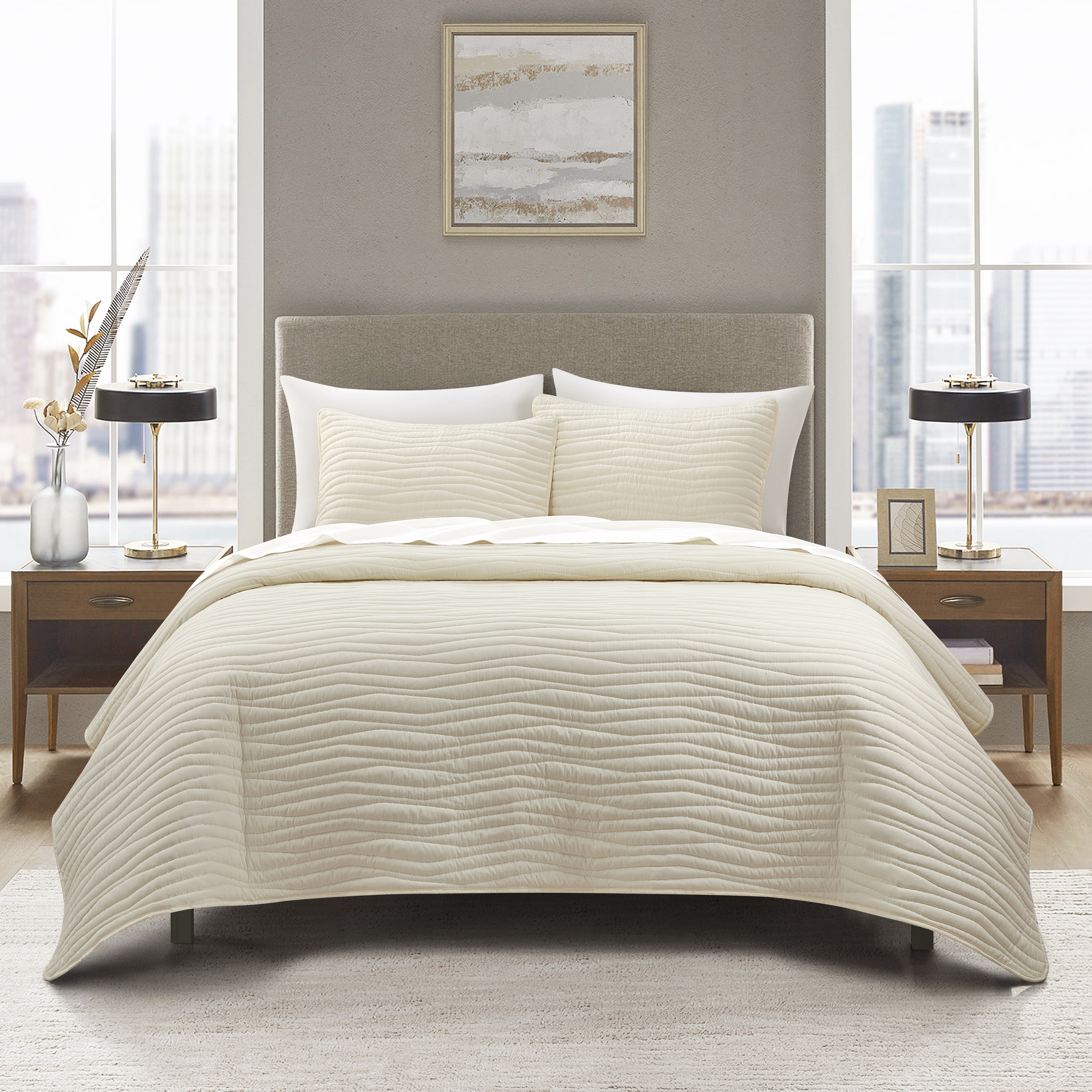Chic Home Kyree 7-Piece Wavy Stitched in Quilt Set, Queen, Beige ...