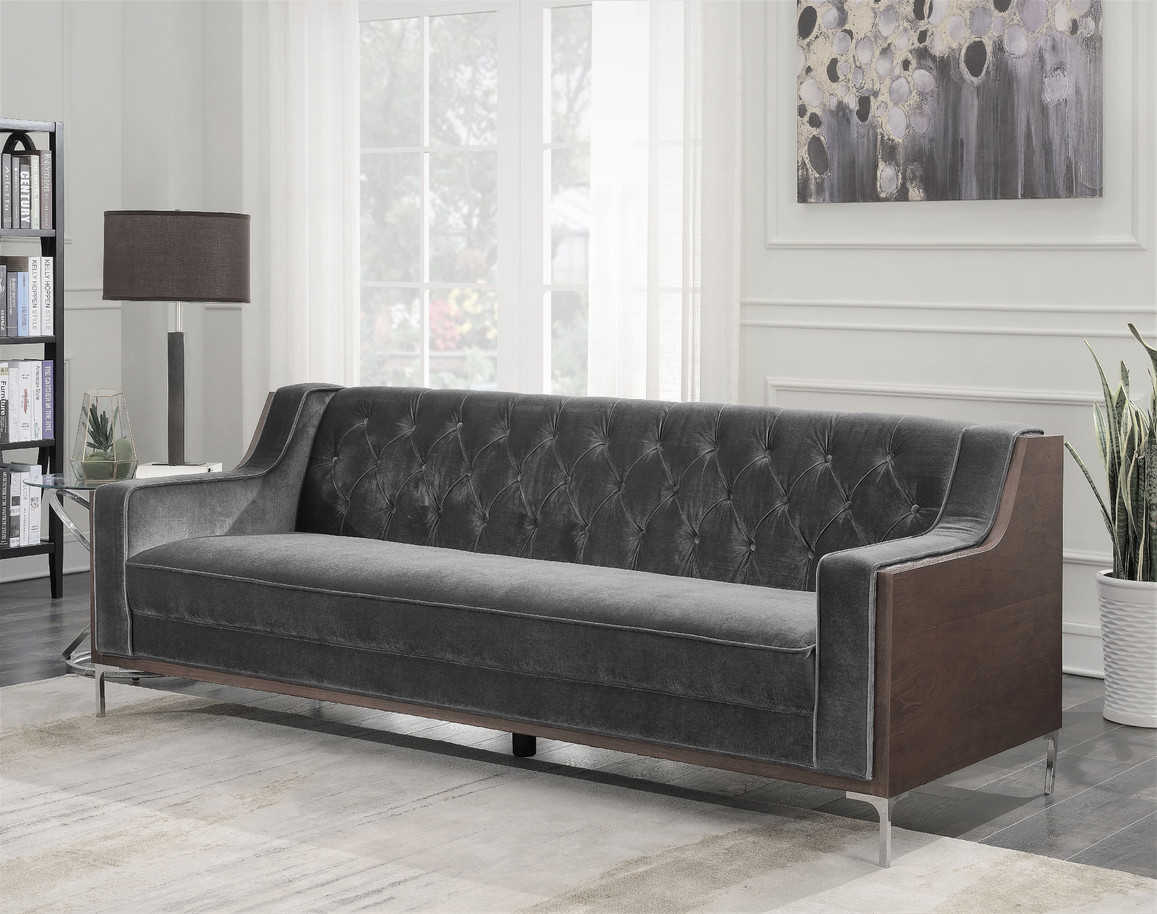 Chic Home Parker Sofa Button Tufted Velvet Walnut Finish Swoop Arm Wood ...