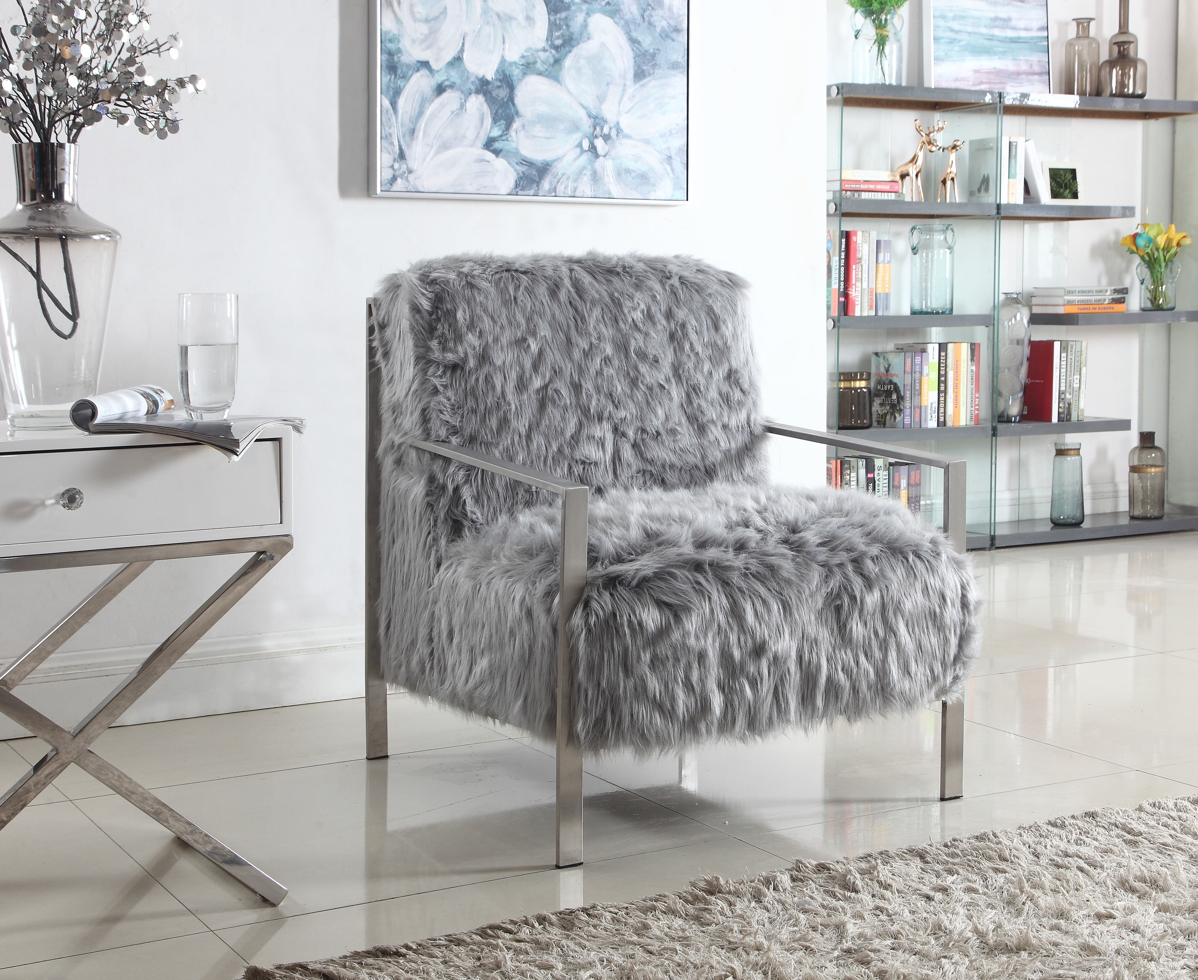 Chic Home Raisa Accent Side Chair Sleek Stylish Faux Fur Brushed Nickel ...