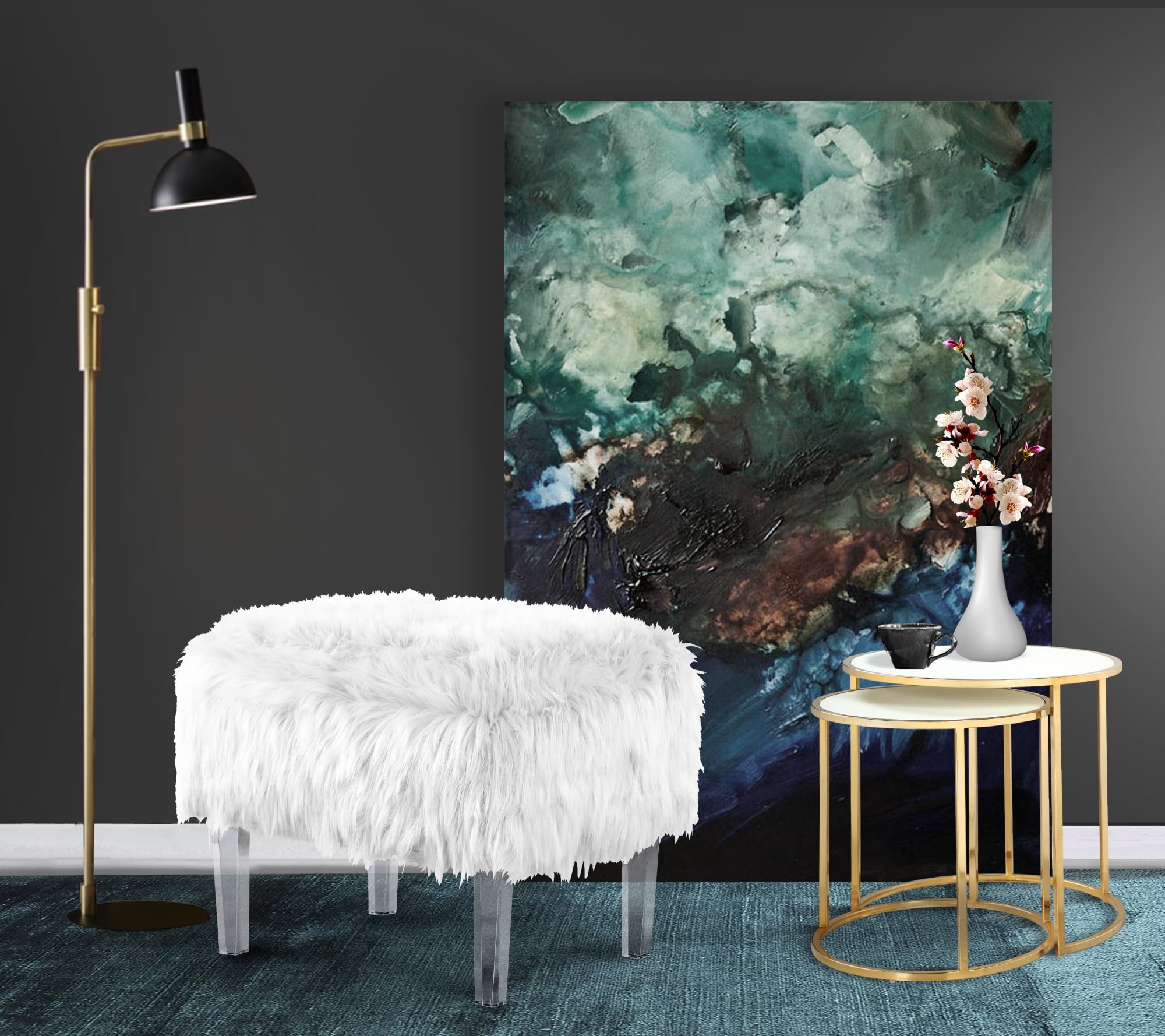 Chic Home Ricco Modern Contemporary Faux Fur Acrylic Leg Ottoman ...